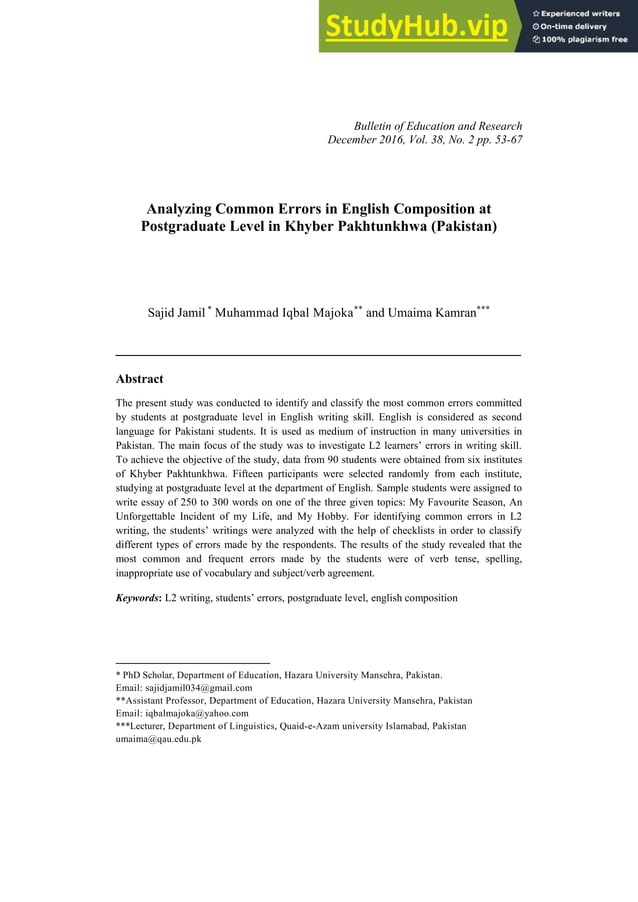 Analyzing Common Errors In English Composition At Postgraduate Level In Khyber Pakhtunkhwa ...