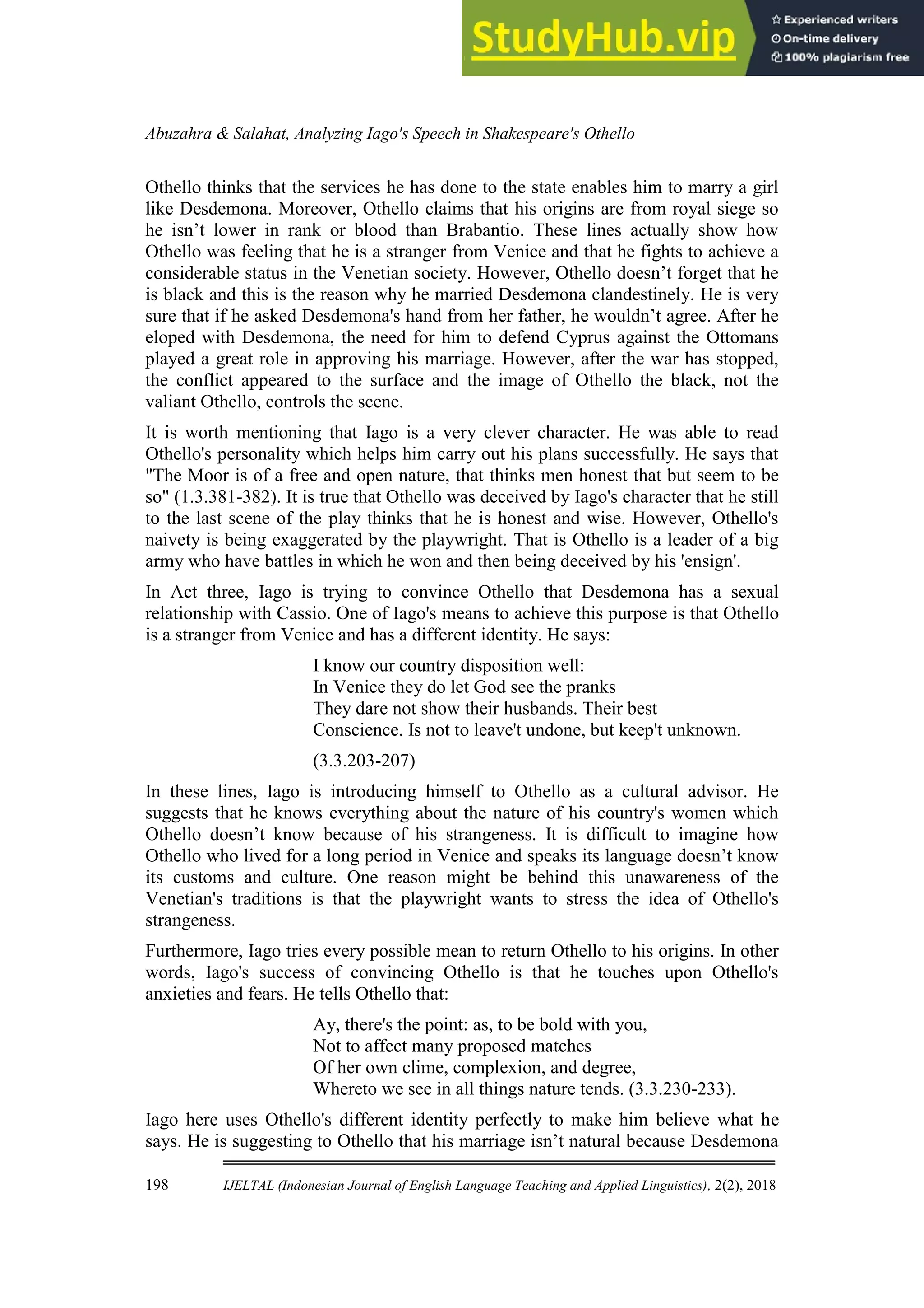 Analyzing Iago S Speech In Shakespeare S Othello | PDF