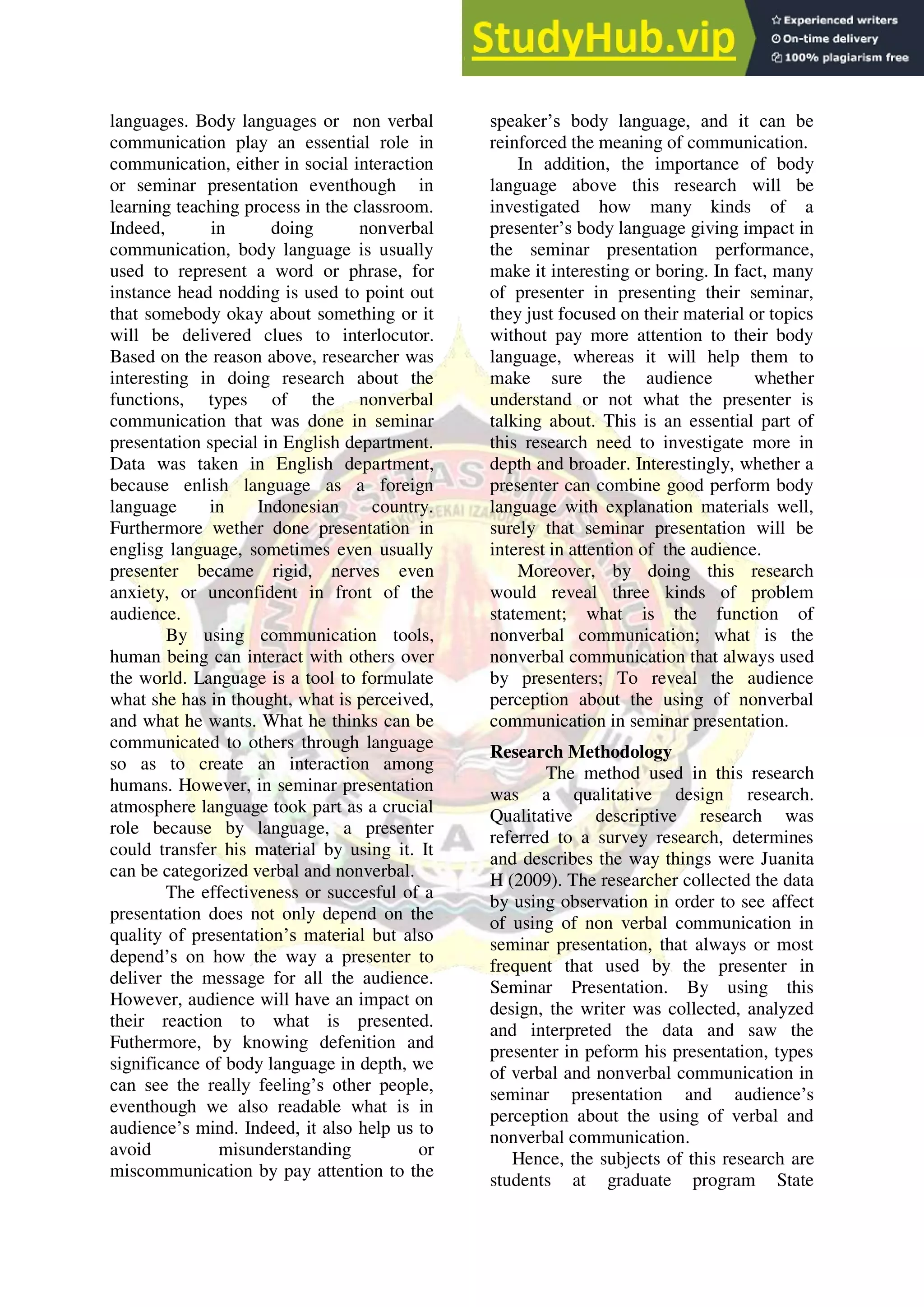 Analyzing Nonverbal Communication In Seminar Presentation | PDF