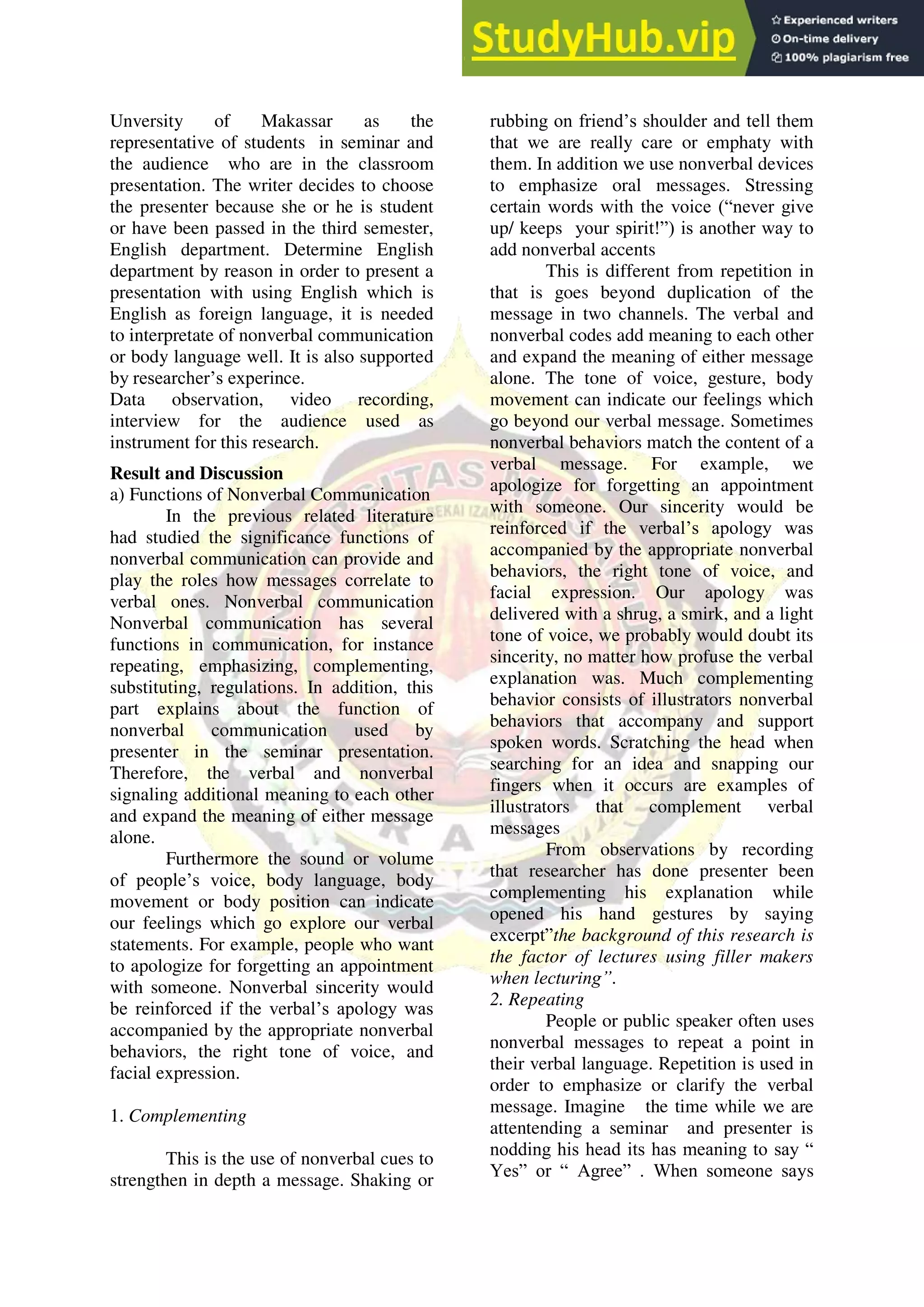 Analyzing Nonverbal Communication In Seminar Presentation | PDF