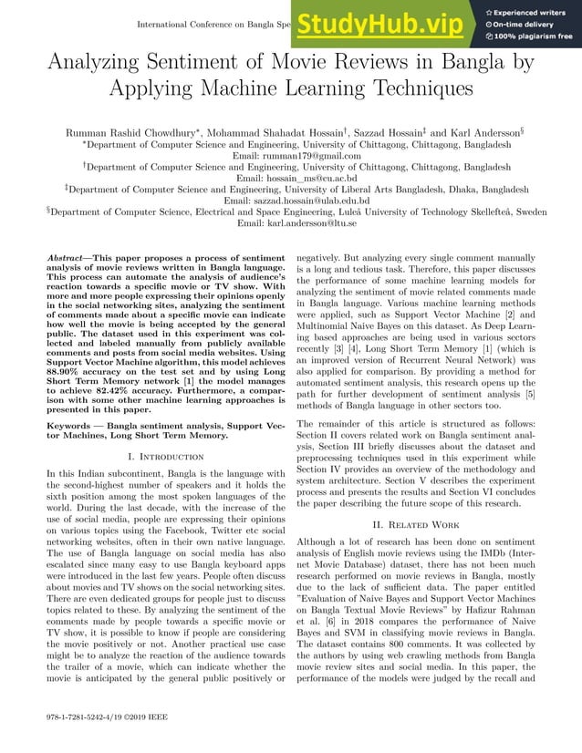 Analyzing Sentiment Of Movie Reviews In Bangla By Applying Machine Learning Techniques | PDF