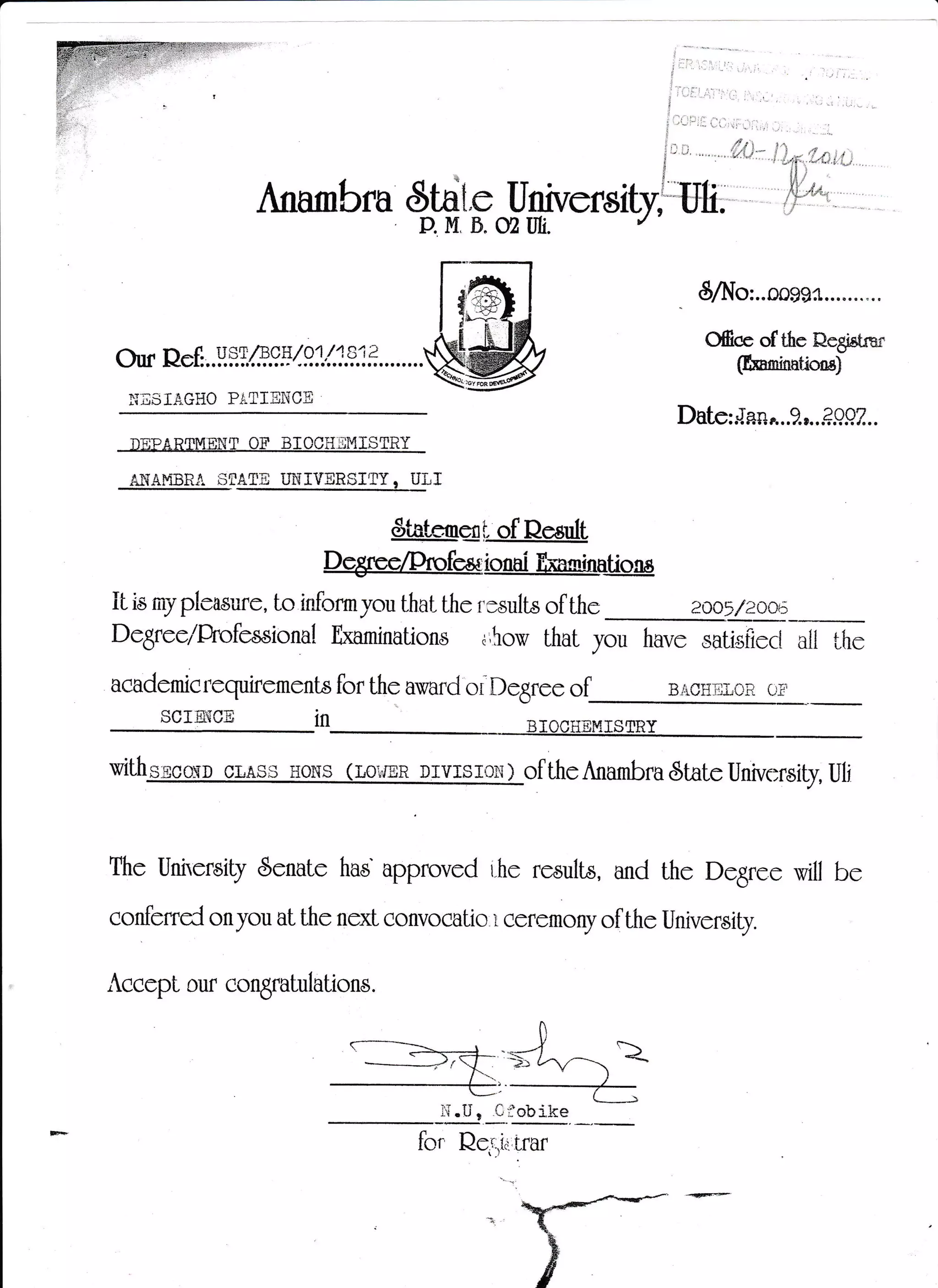 Bsc Biochemistry Certificate | PDF