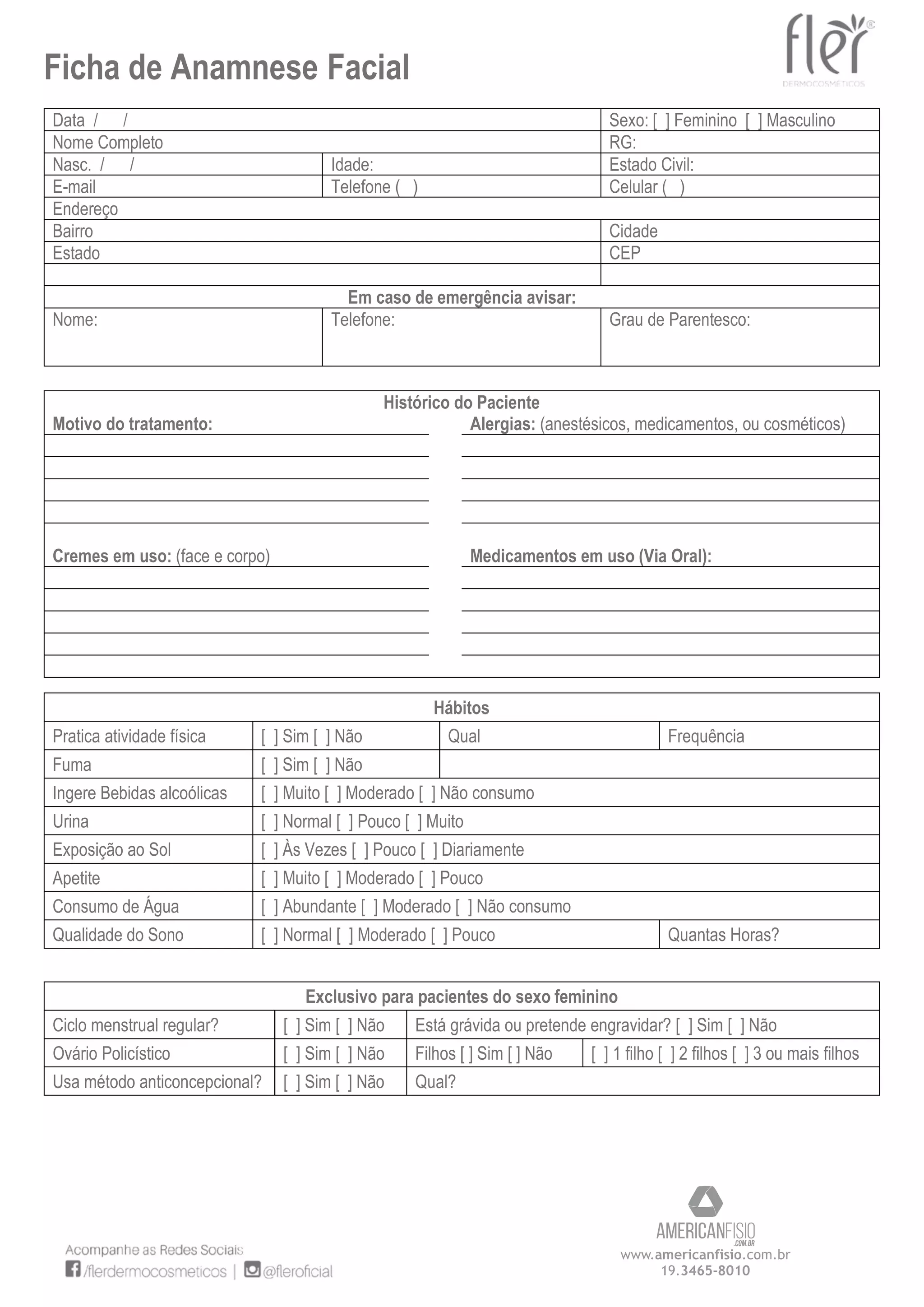 Ficha de Anamnese Facial - Flér Dermocosméticos | PDF