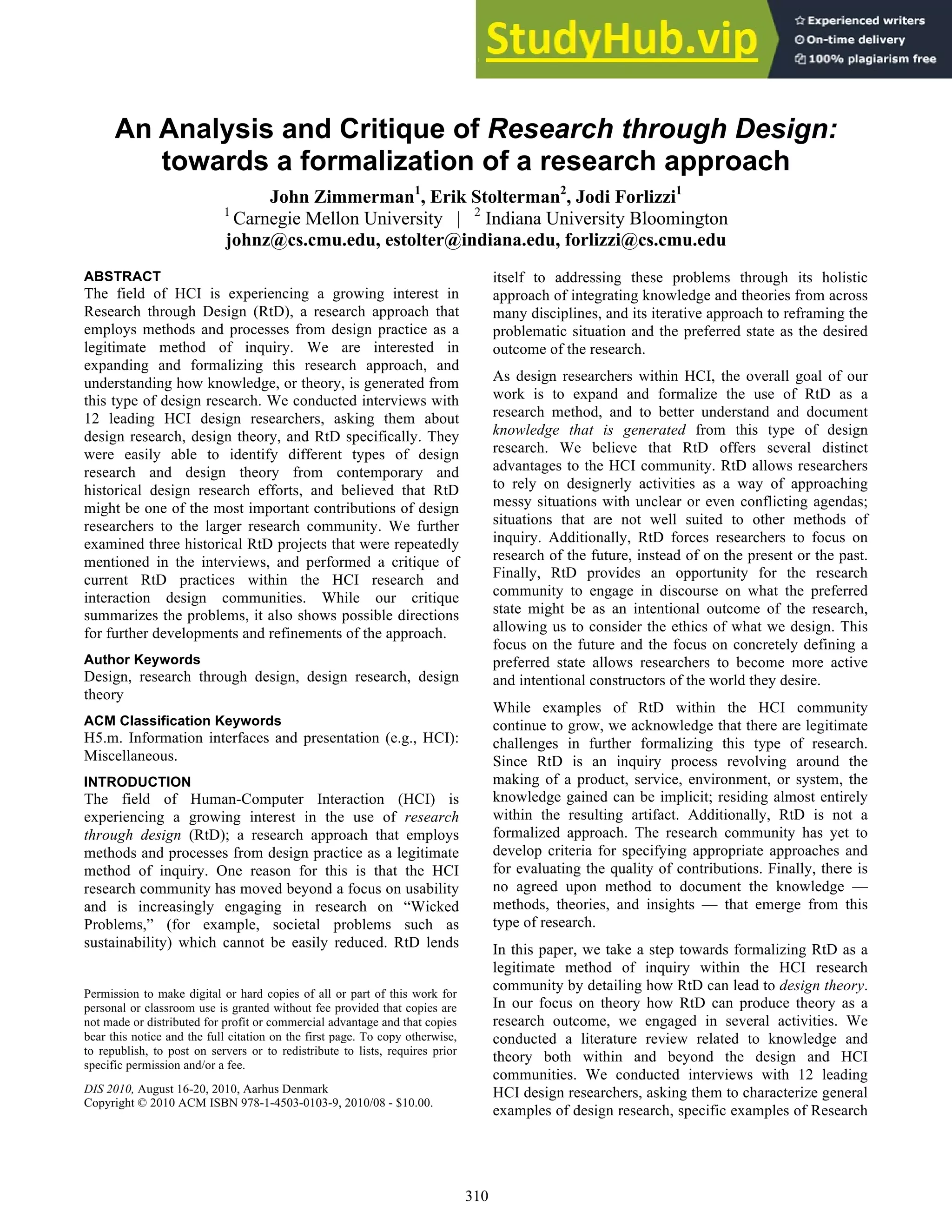 An Analysis And Critique Of Research Through Design Towards A Formalization Of A Research ...