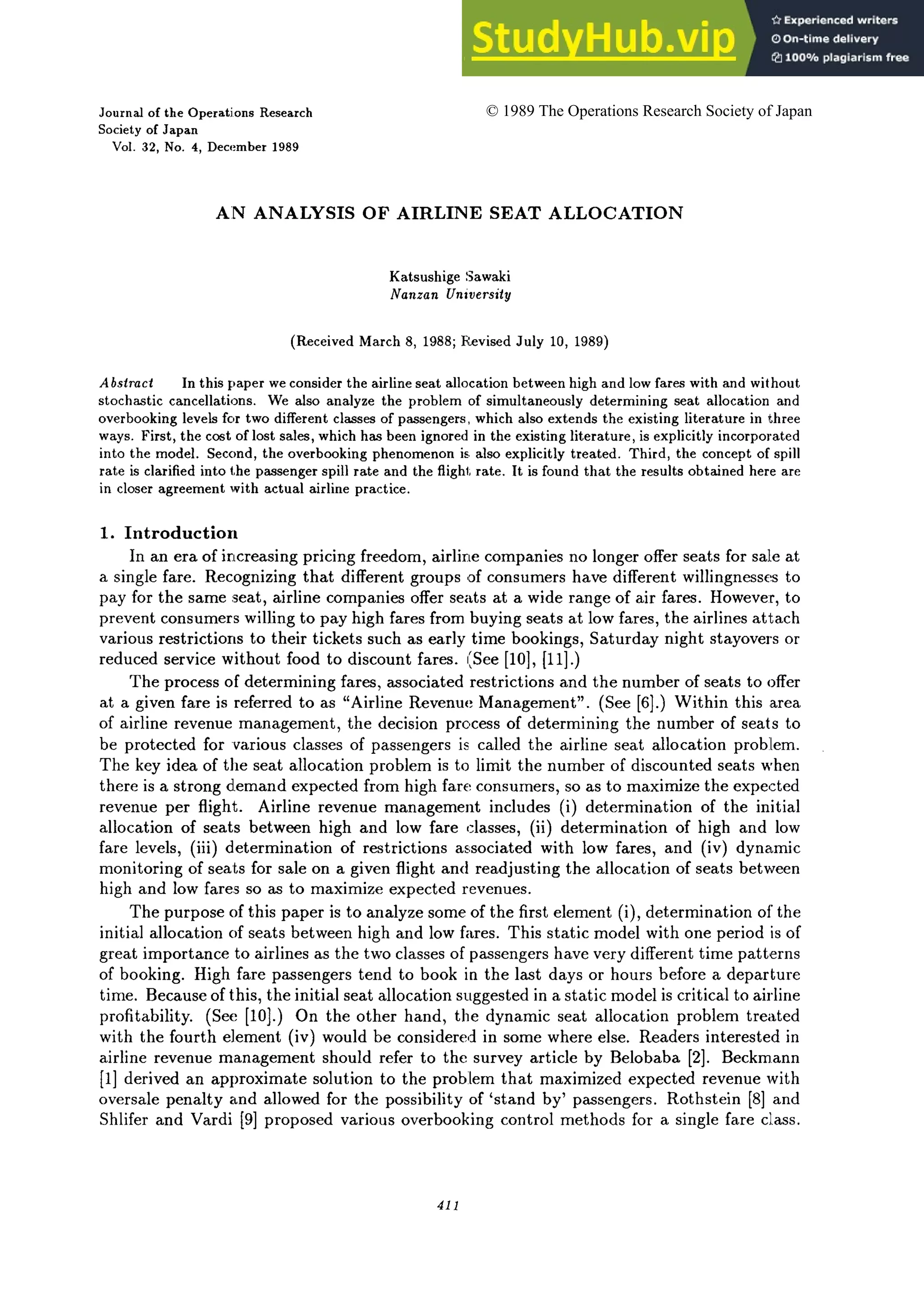AN ANALYSIS OF AIRLINE SEAT ALLOCATION | PDF