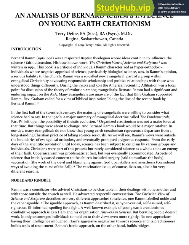 AN ANALYSIS OF BERNARD RAMM S INFLUENCE ON YOUNG EARTH CREATIONISM | PDF