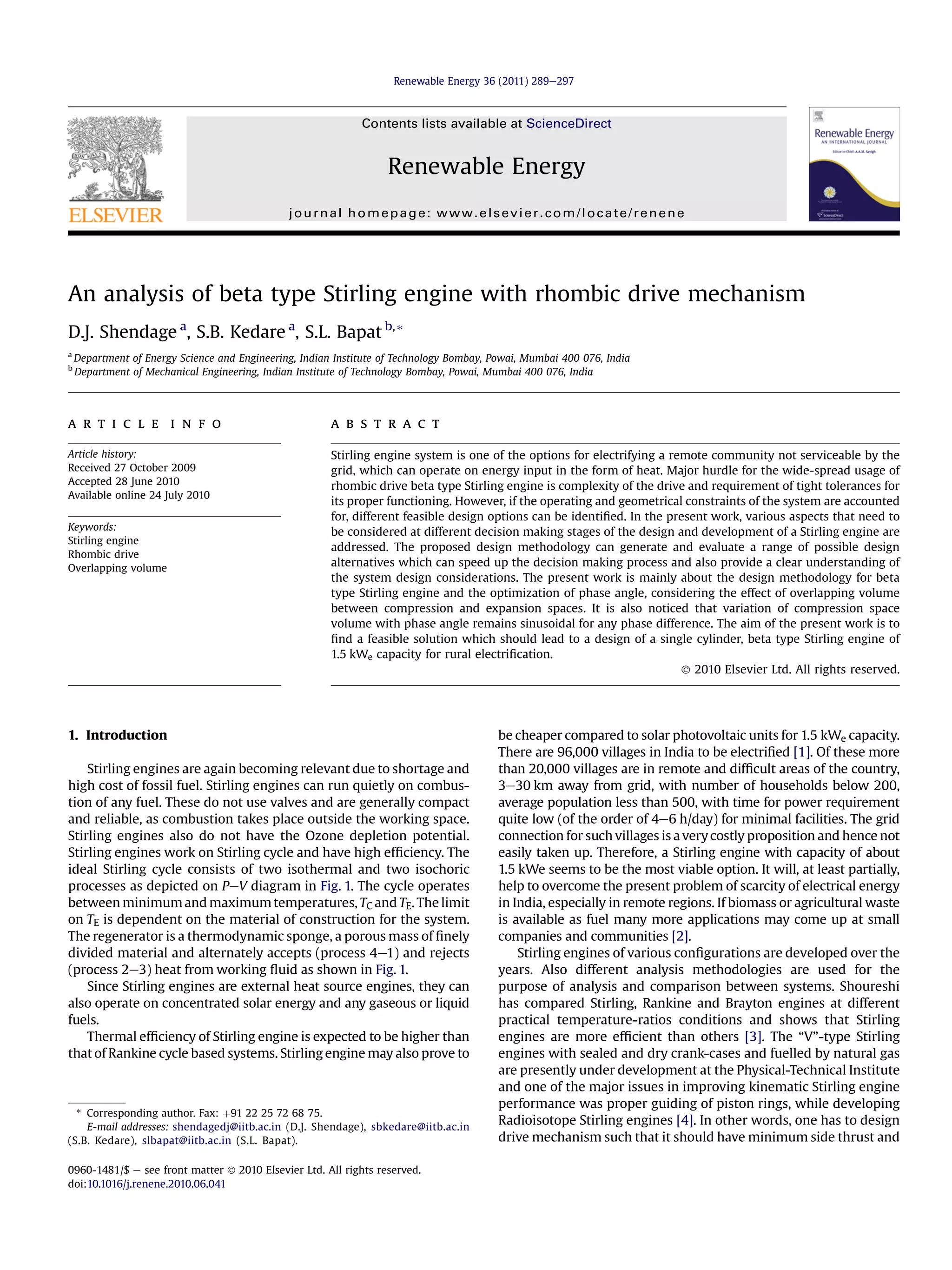 An analysis of beta type stirling engine with rhombic drive mechanism | PDF