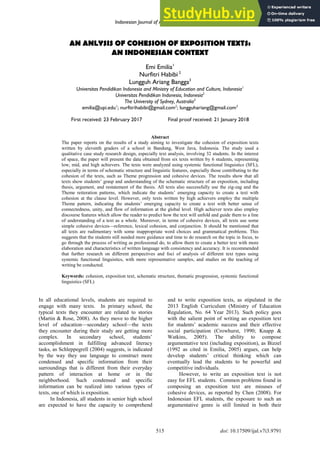 AN ANALYSIS OF COHESION OF EXPOSITION TEXTS AN INDONESIAN CONTEXT | PDF