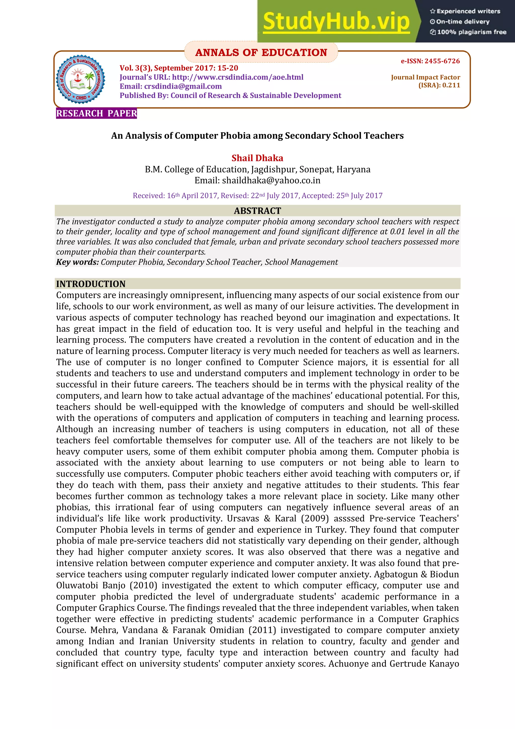 An Analysis Of Computer Phobia Among Secondary School Teachers | PDF