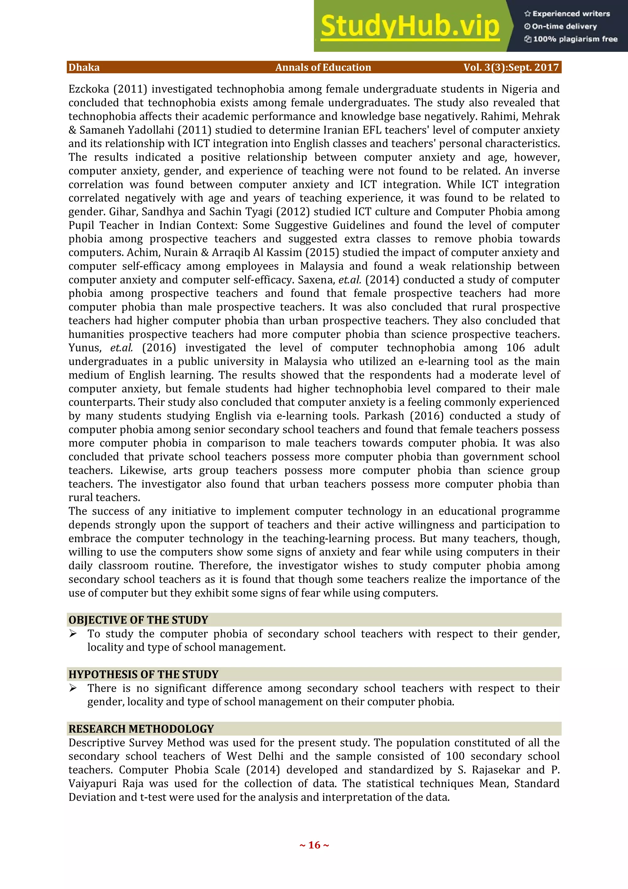 An Analysis Of Computer Phobia Among Secondary School Teachers | PDF
