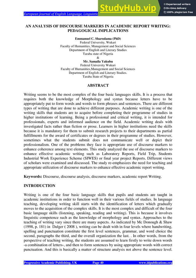 An Analysis Of Discourse Markers In Academic Report Writing Pedagogical Implications | PDF
