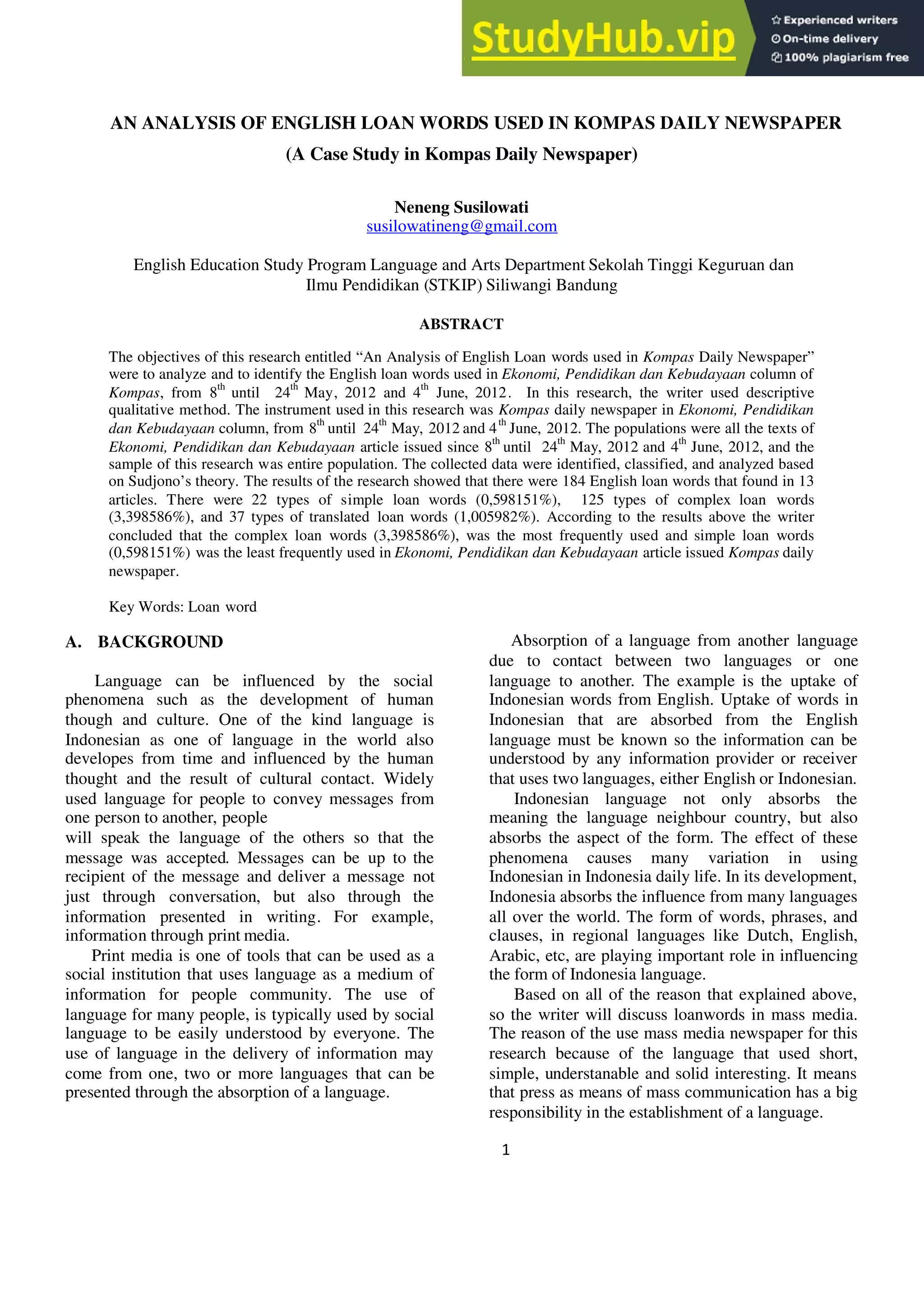 AN ANALYSIS OF ENGLISH LOAN WORDS USED IN KOMPAS DAILY NEWSPAPER (A ...