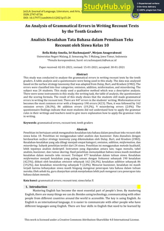 An Analysis of Grammatical Errors in Tenth Graders' Recount Texts | PDF