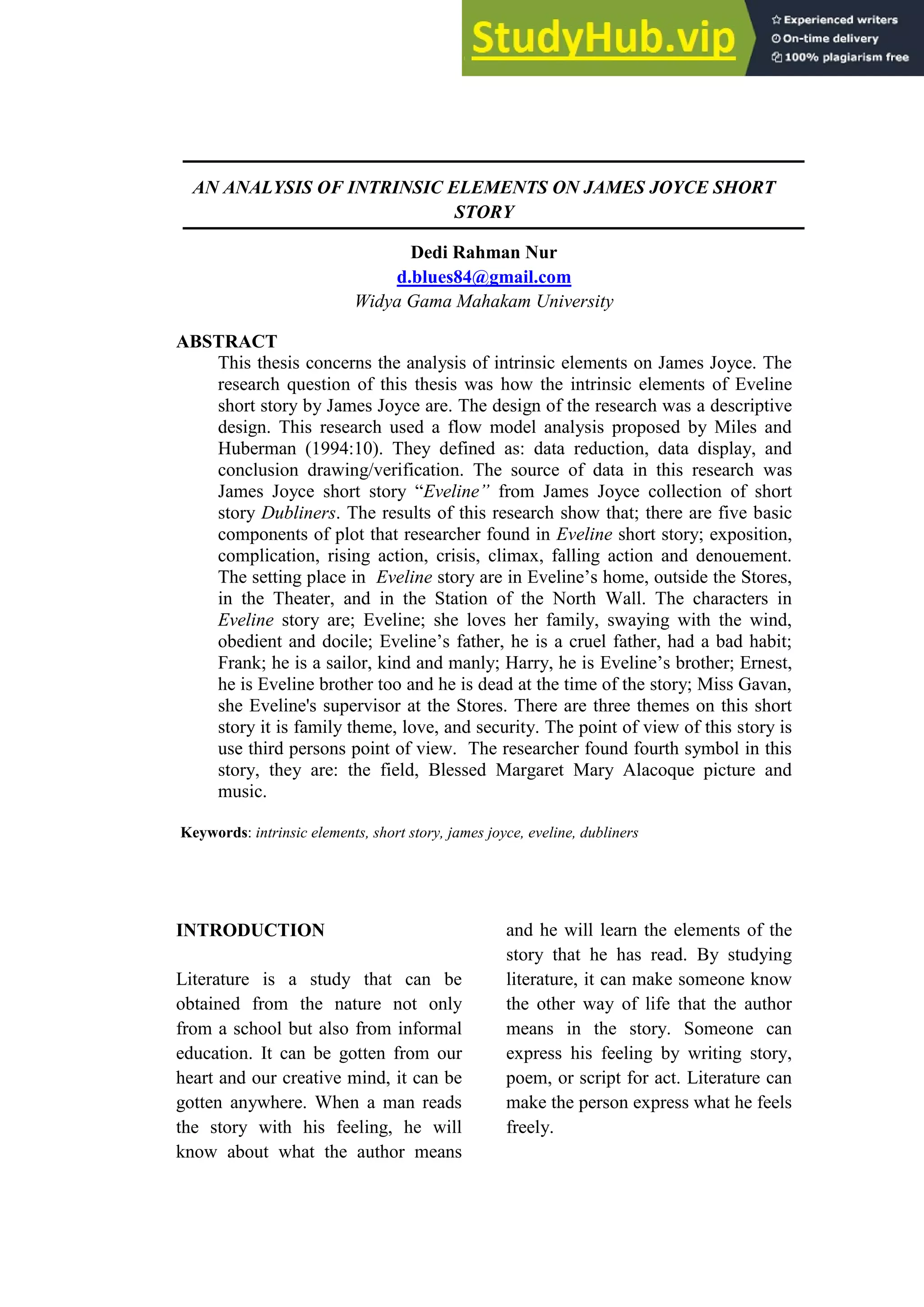 AN ANALYSIS OF INTRINSIC ELEMENTS ON JAMES JOYCE SHORT STORY | PDF