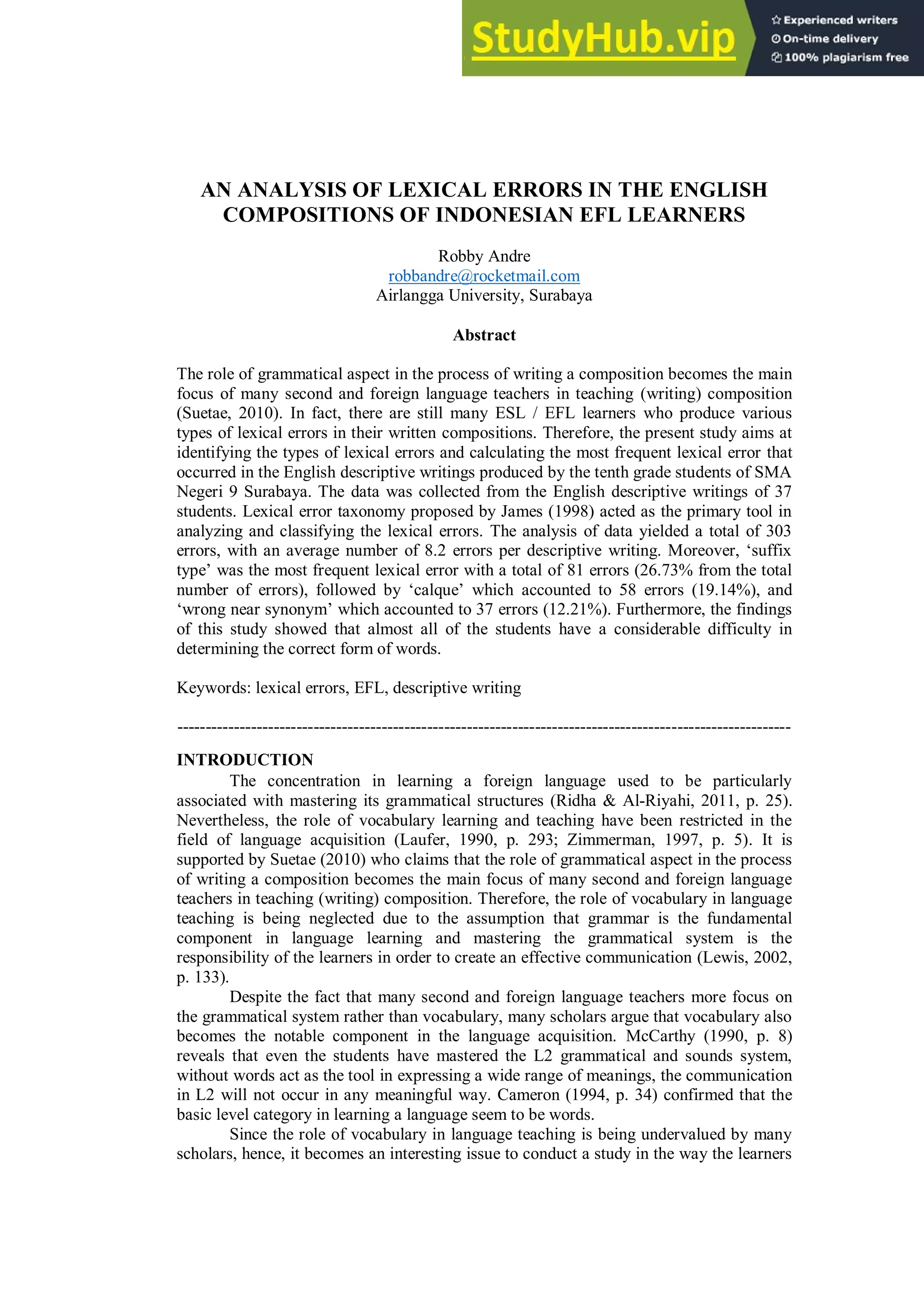 AN ANALYSIS OF LEXICAL ERRORS IN THE ENGLISH COMPOSITIONS OF INDONESIAN EFL LEARNERS | PDF