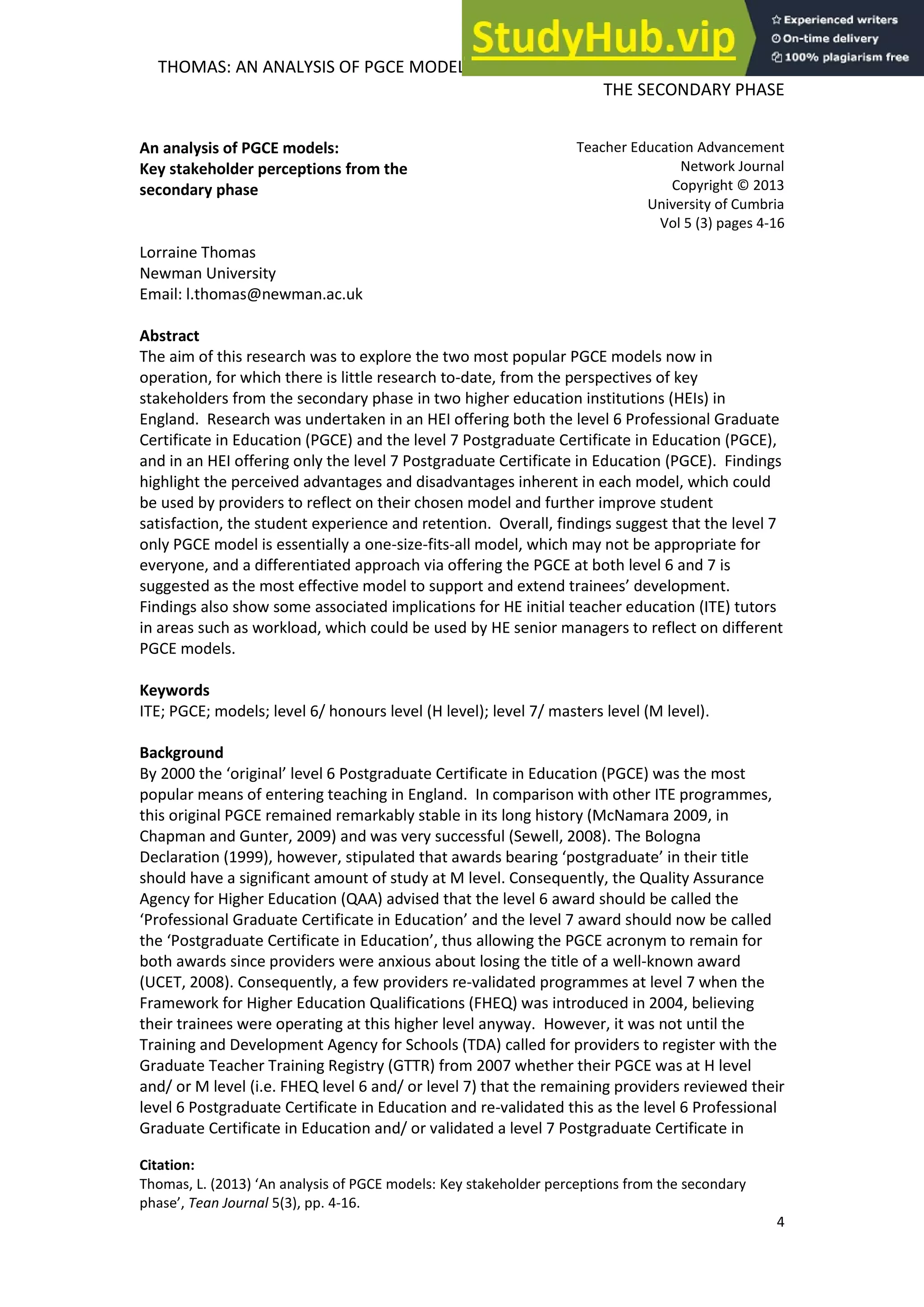 An Analysis Of PGCE Models Key Stakeholder Perceptions From The ...
