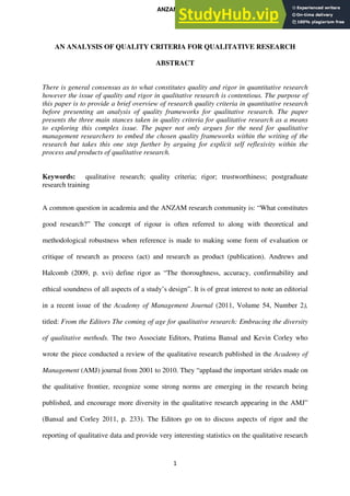 An Analysis Of Quality Criteria For Qualitative Research | PDF