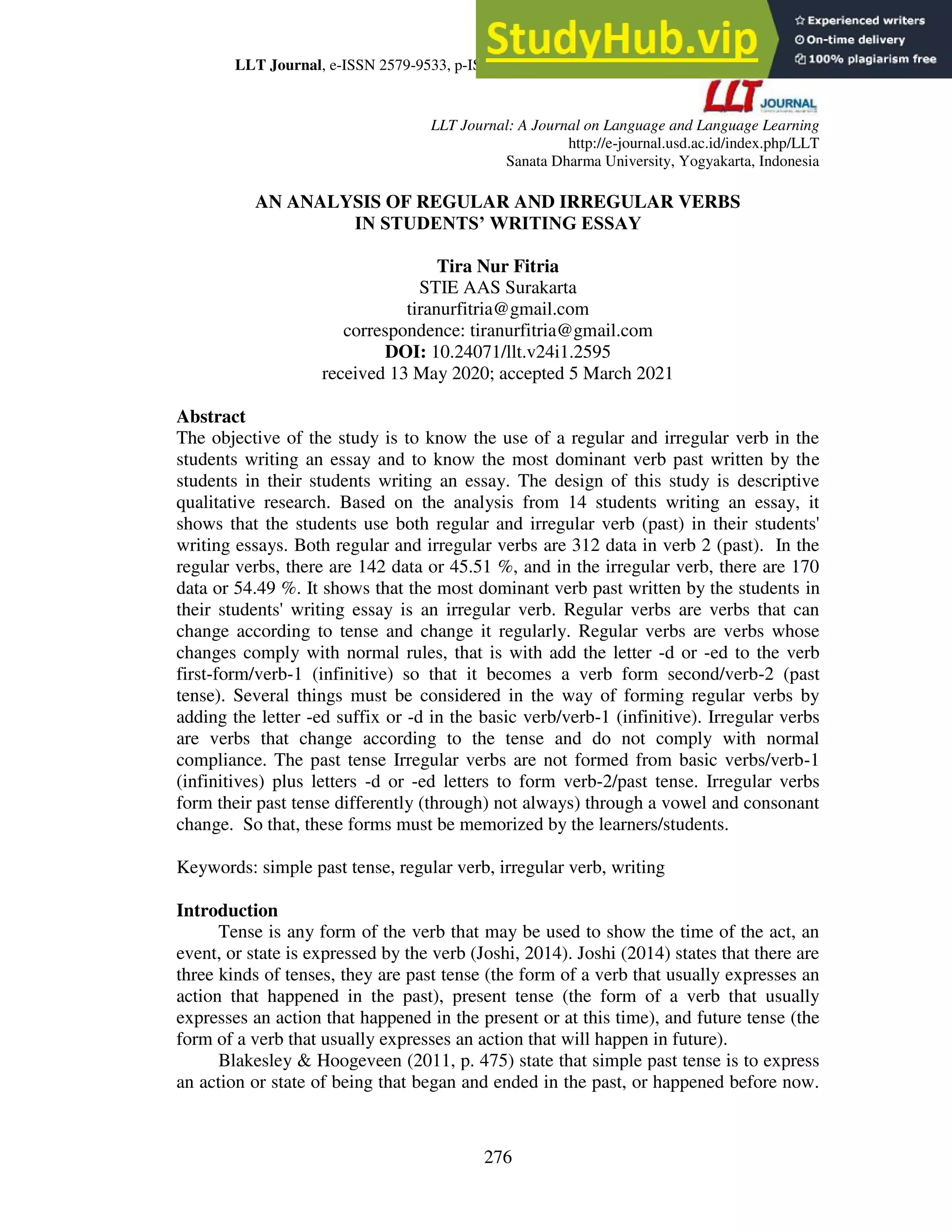 AN ANALYSIS OF REGULAR AND IRREGULAR VERBS IN STUDENTS WRITING ESSAY | PDF