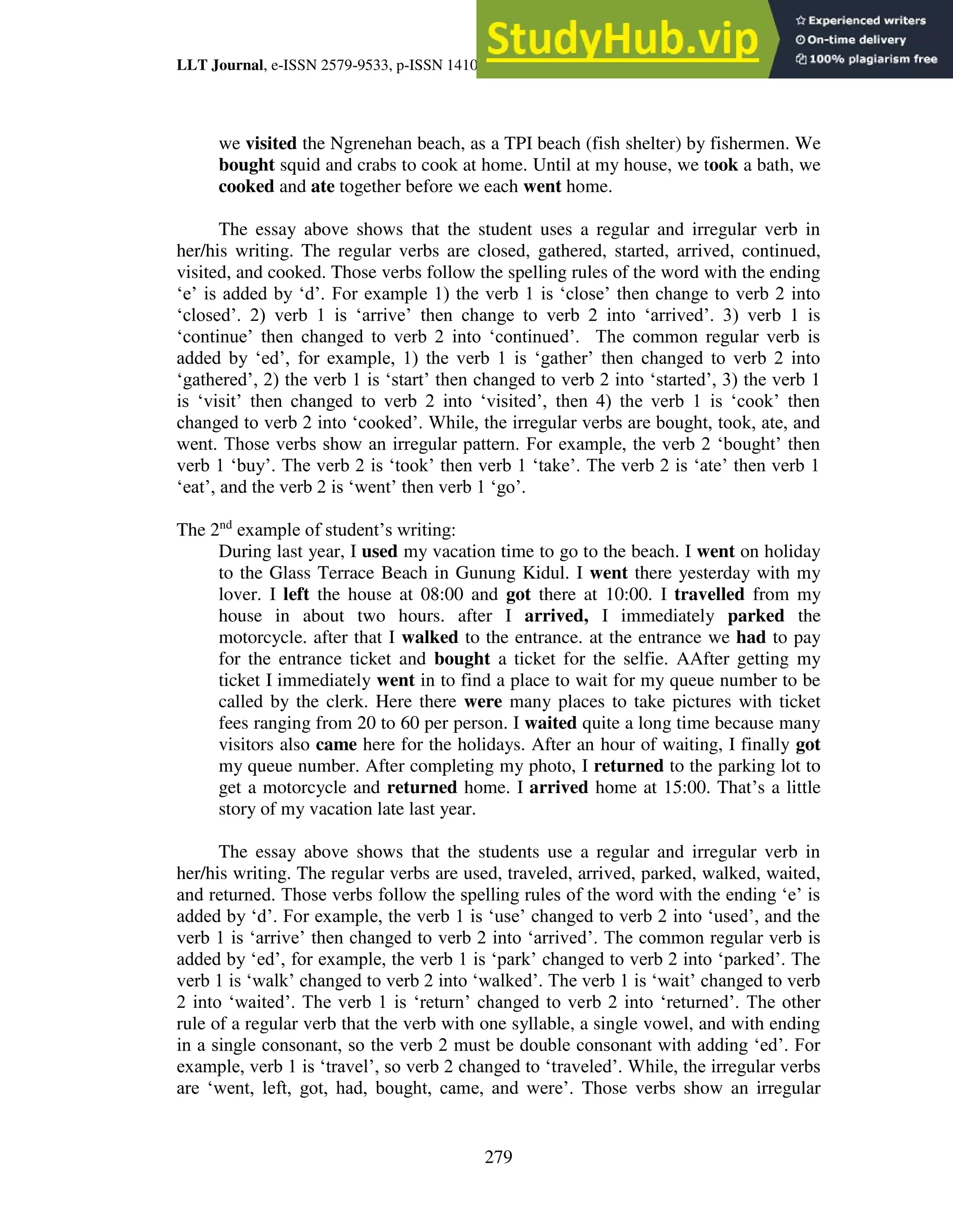 AN ANALYSIS OF REGULAR AND IRREGULAR VERBS IN STUDENTS WRITING ESSAY | PDF