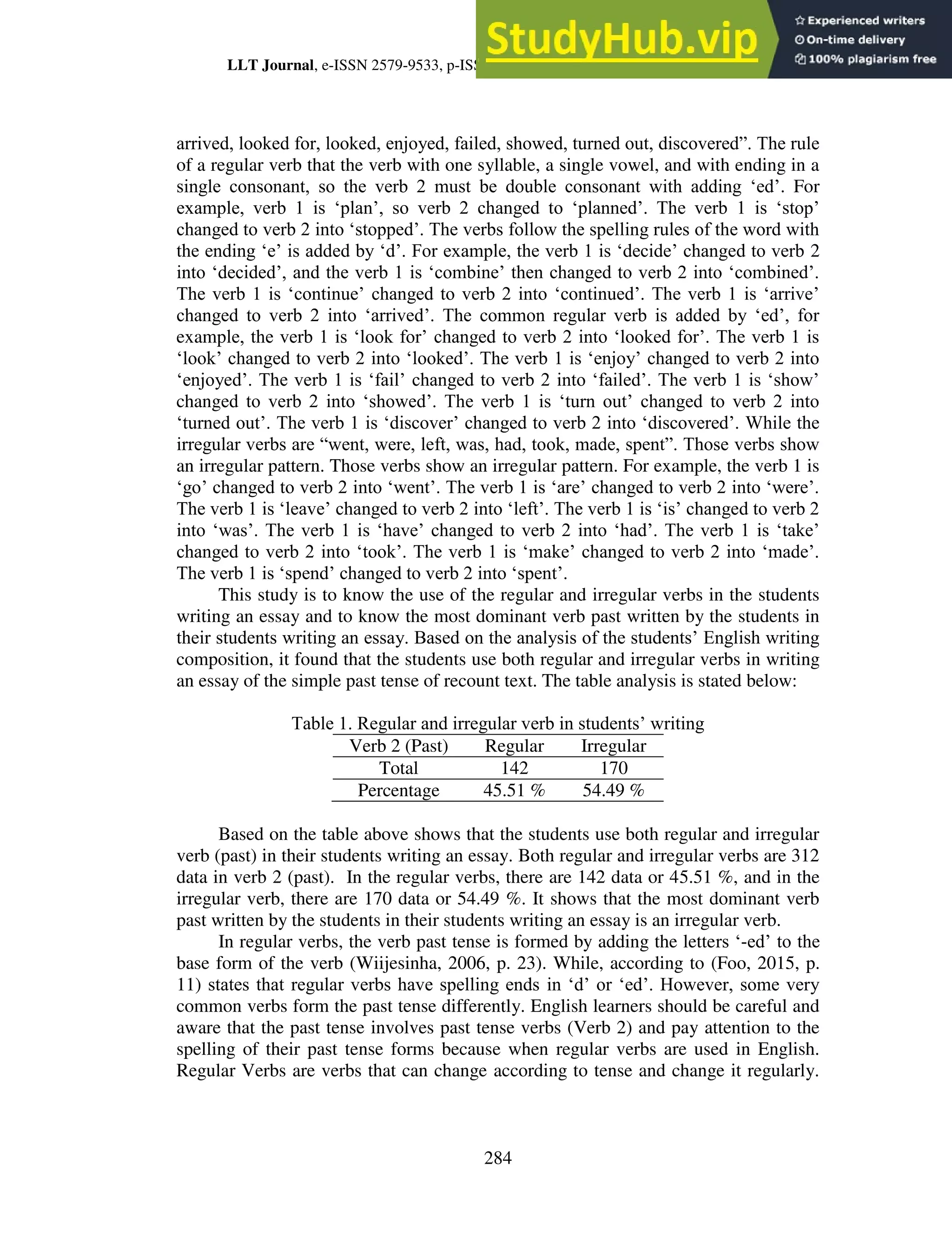 AN ANALYSIS OF REGULAR AND IRREGULAR VERBS IN STUDENTS WRITING ESSAY | PDF