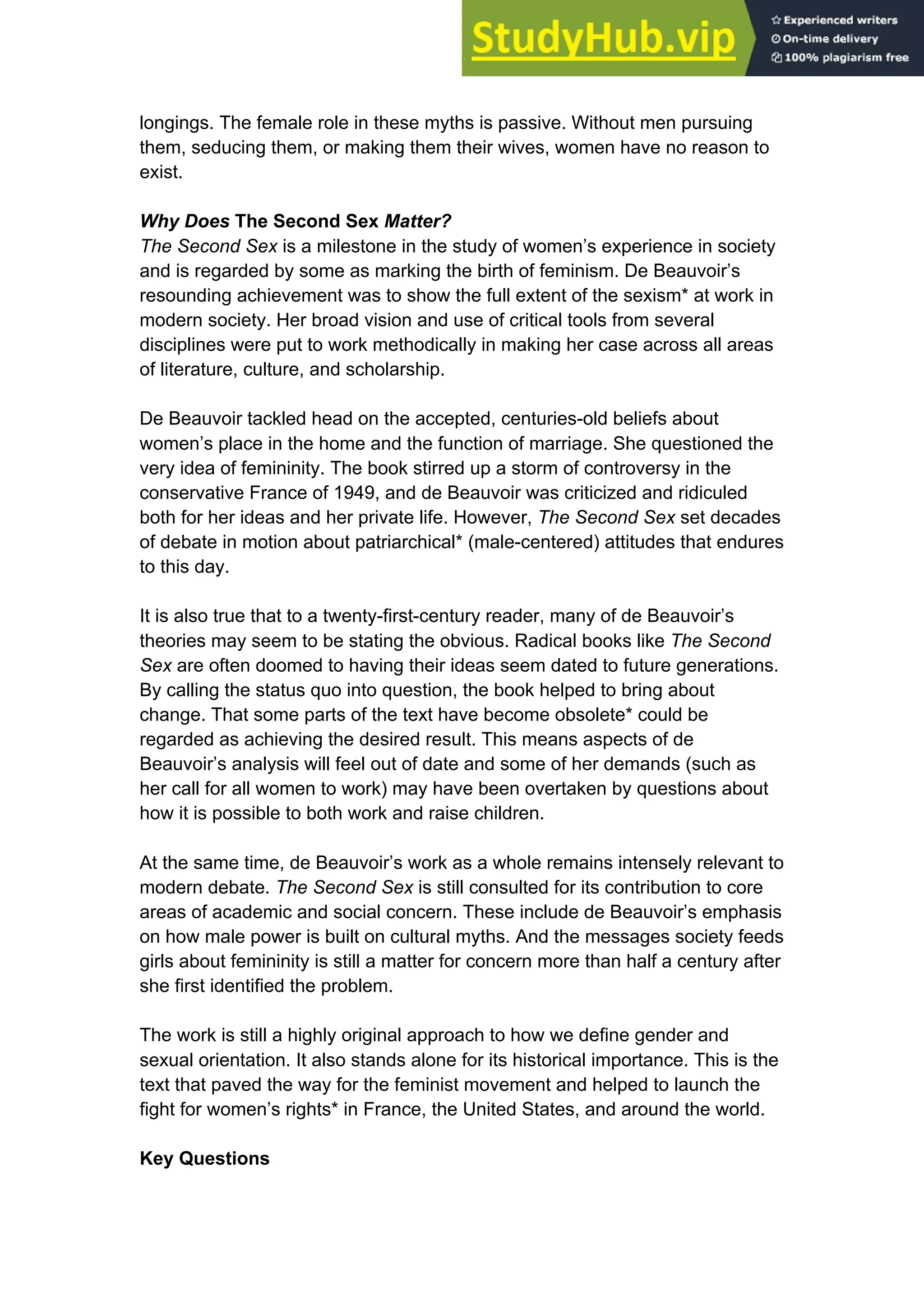 An Analysis Of Simone De Beauvoir S The Second Sex | PDF