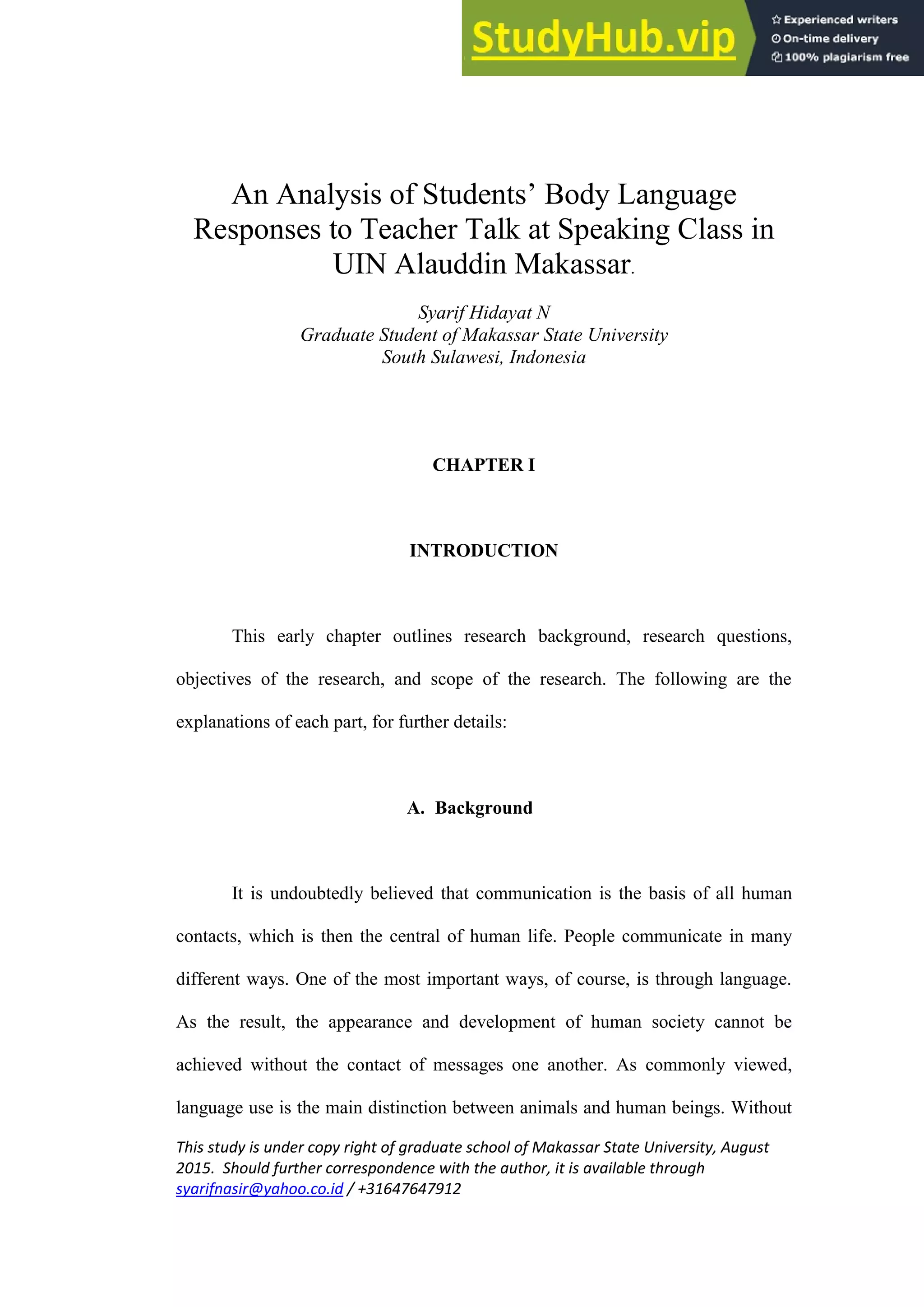 An Analysis of Students Body Language Responses to Teacher Talk in Speaking Class at UIN ...