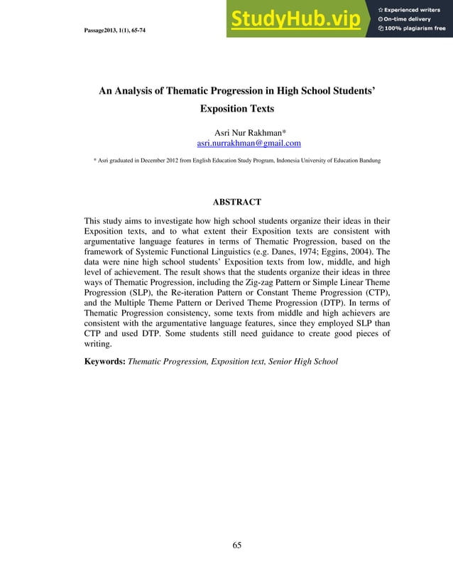 An Analysis Of Thematic Progression In High School Students Exposition ...