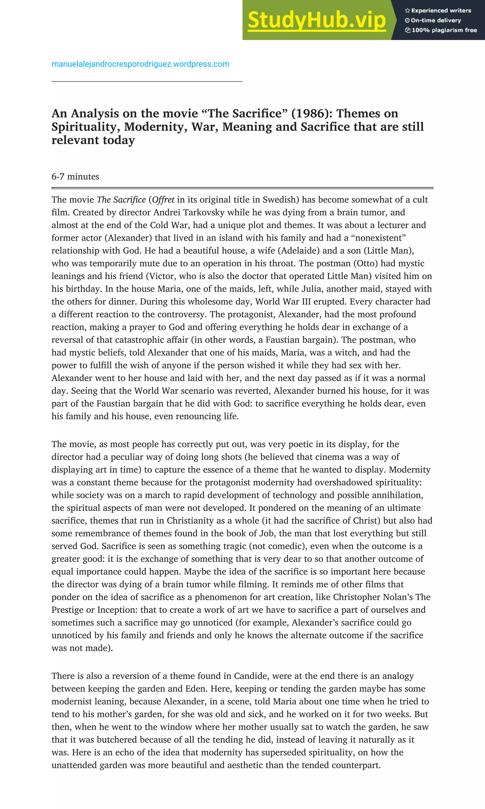 An Analysis On The Movie The Sacrifice | PDF