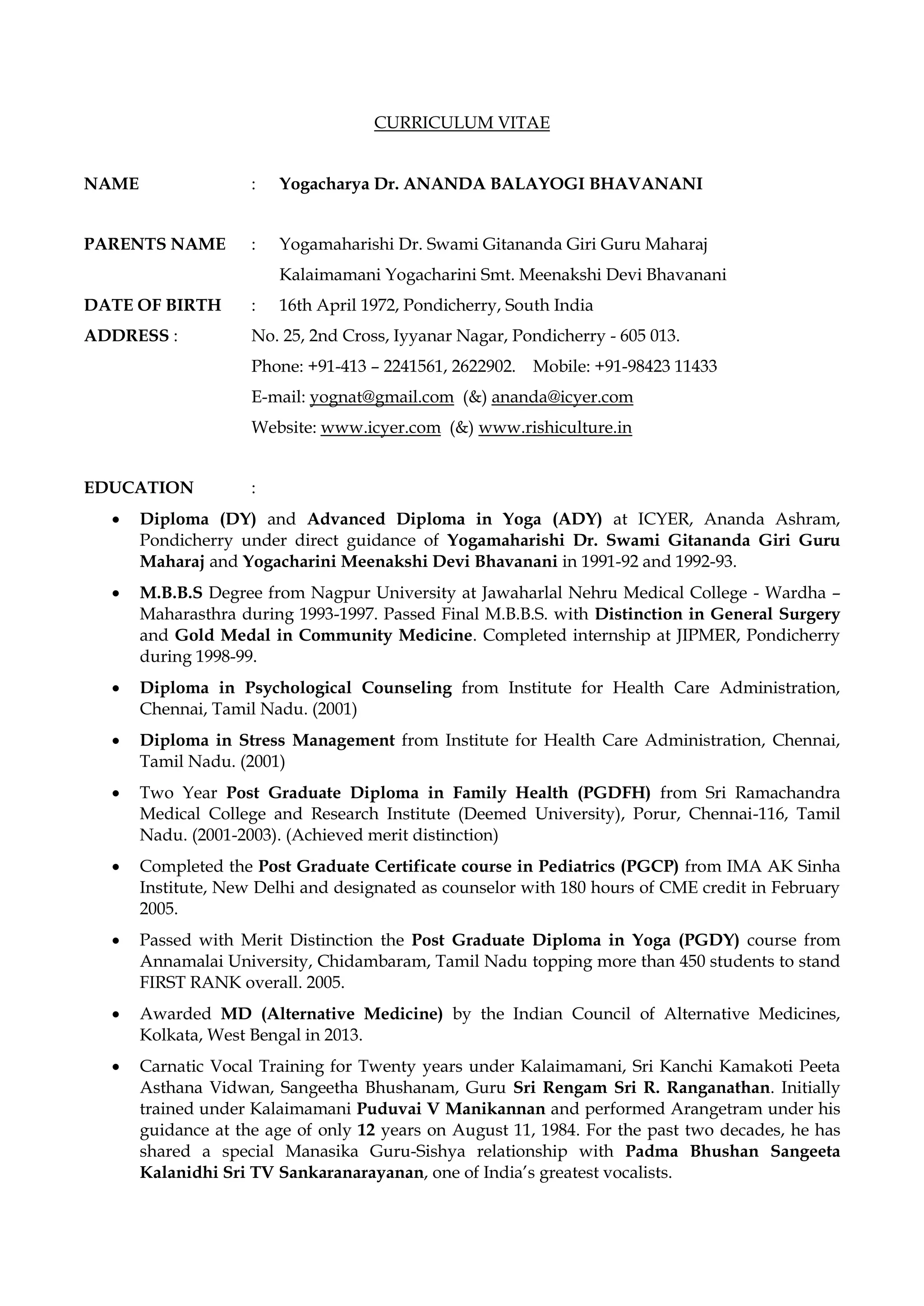 Full bio-data of Yogacharya Dr Ananda Balayogi Bhavanani-2020 | PDF