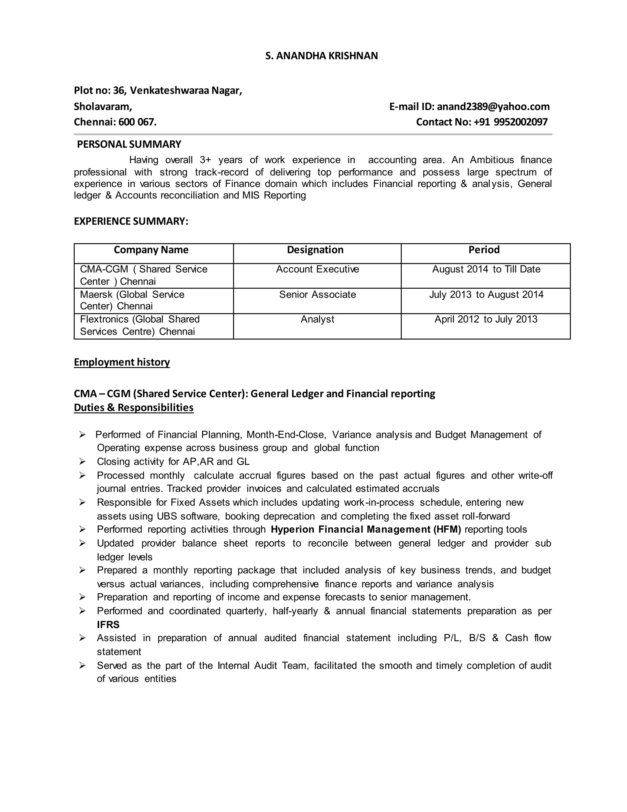 I have 3+ Years Experience in F&A and MIS Reporting | DOCX