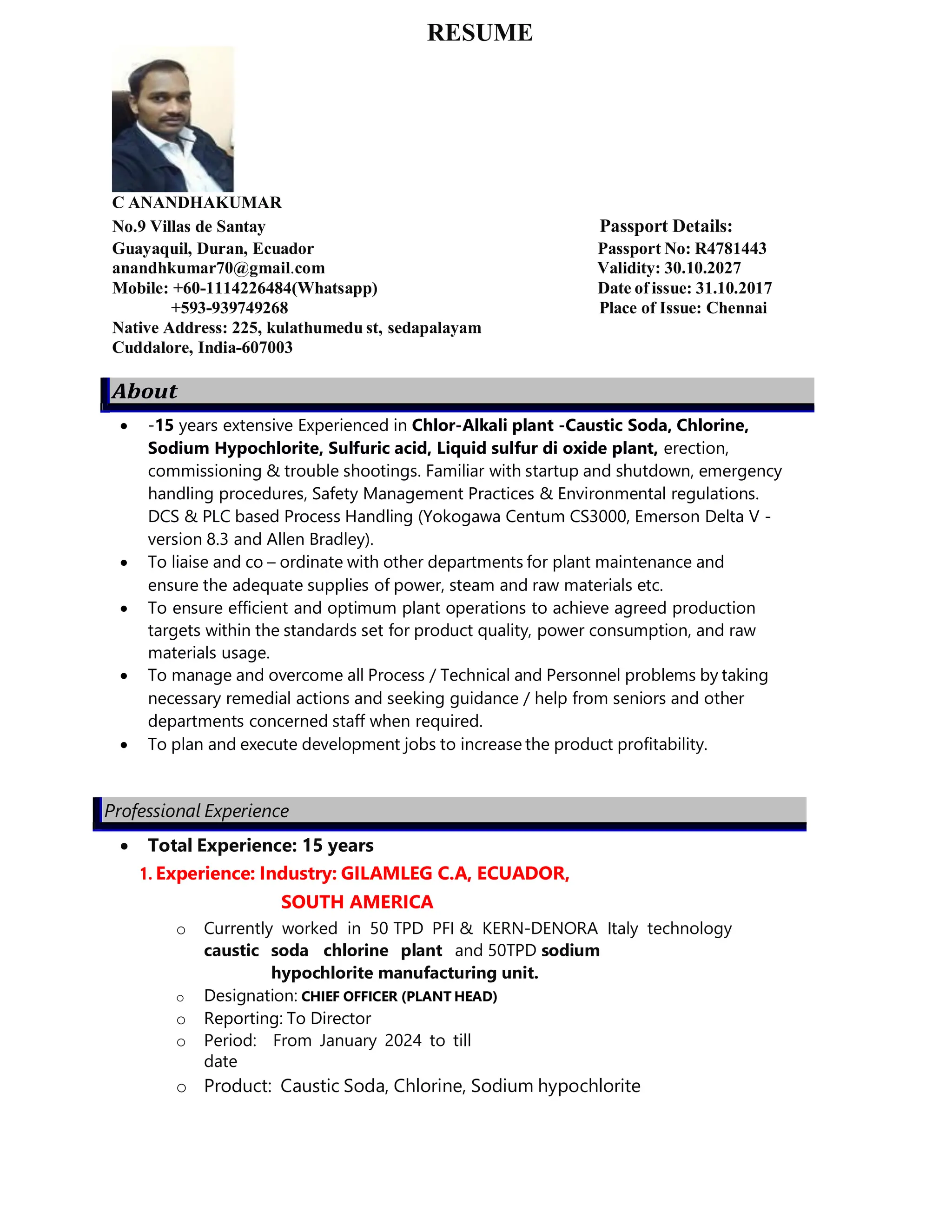 Anandhakumar 15 years experience in Sodium hypochlorite | PDF