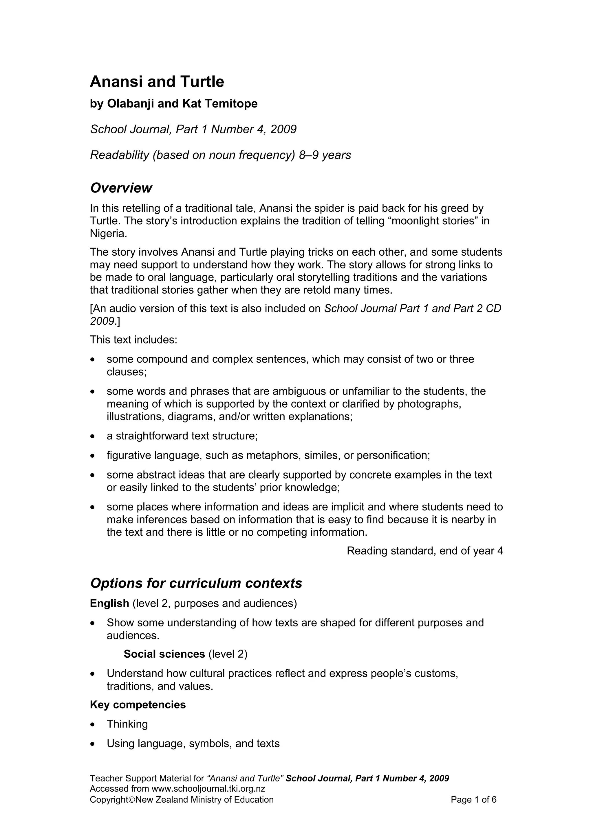 Anansi and turtle | DOC | Homework and Study | Education