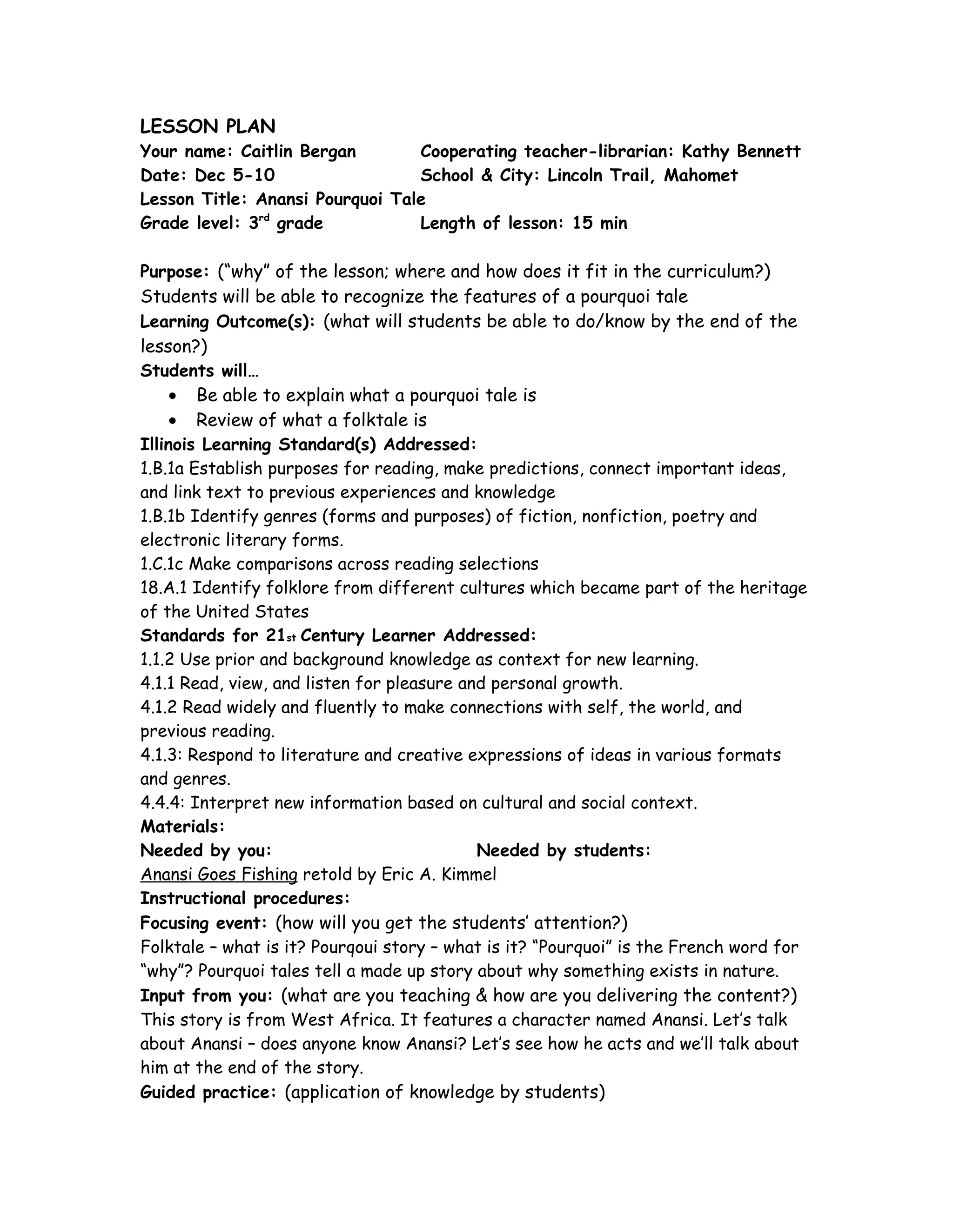 Anansi Read Aloud Lesson Plan | DOC