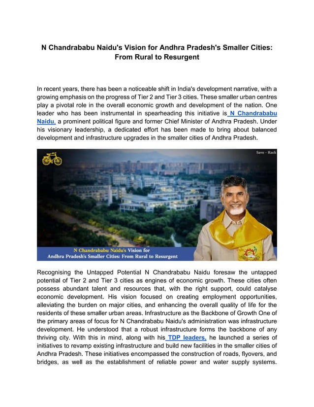 N Chandrababu Naidu's Vision for Andhra Pradesh's Smaller Cities: From Rural to Resurgent | PDF