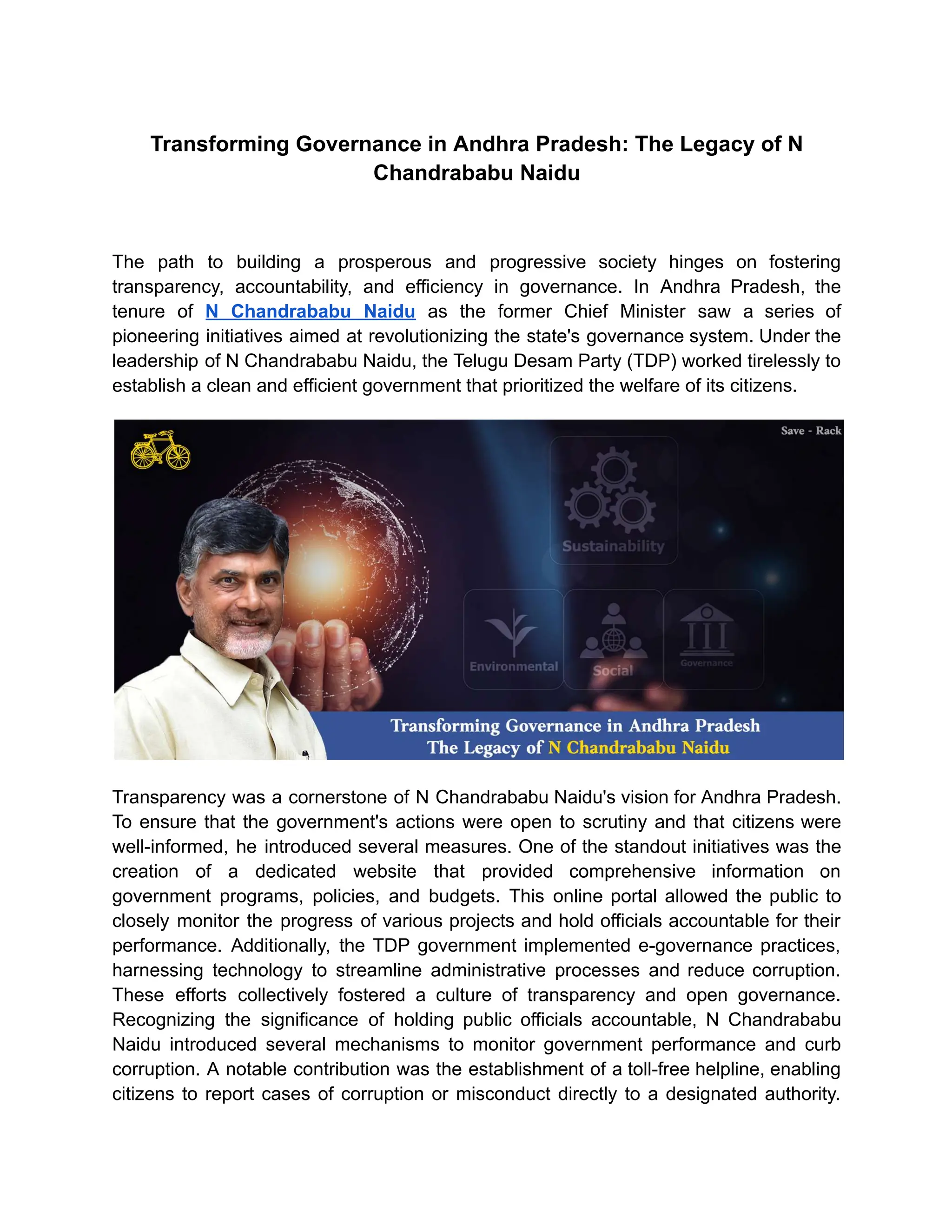 Transforming Governance in Andhra Pradesh: The Legacy of N Chandrababu Naidu | PDF | Politics