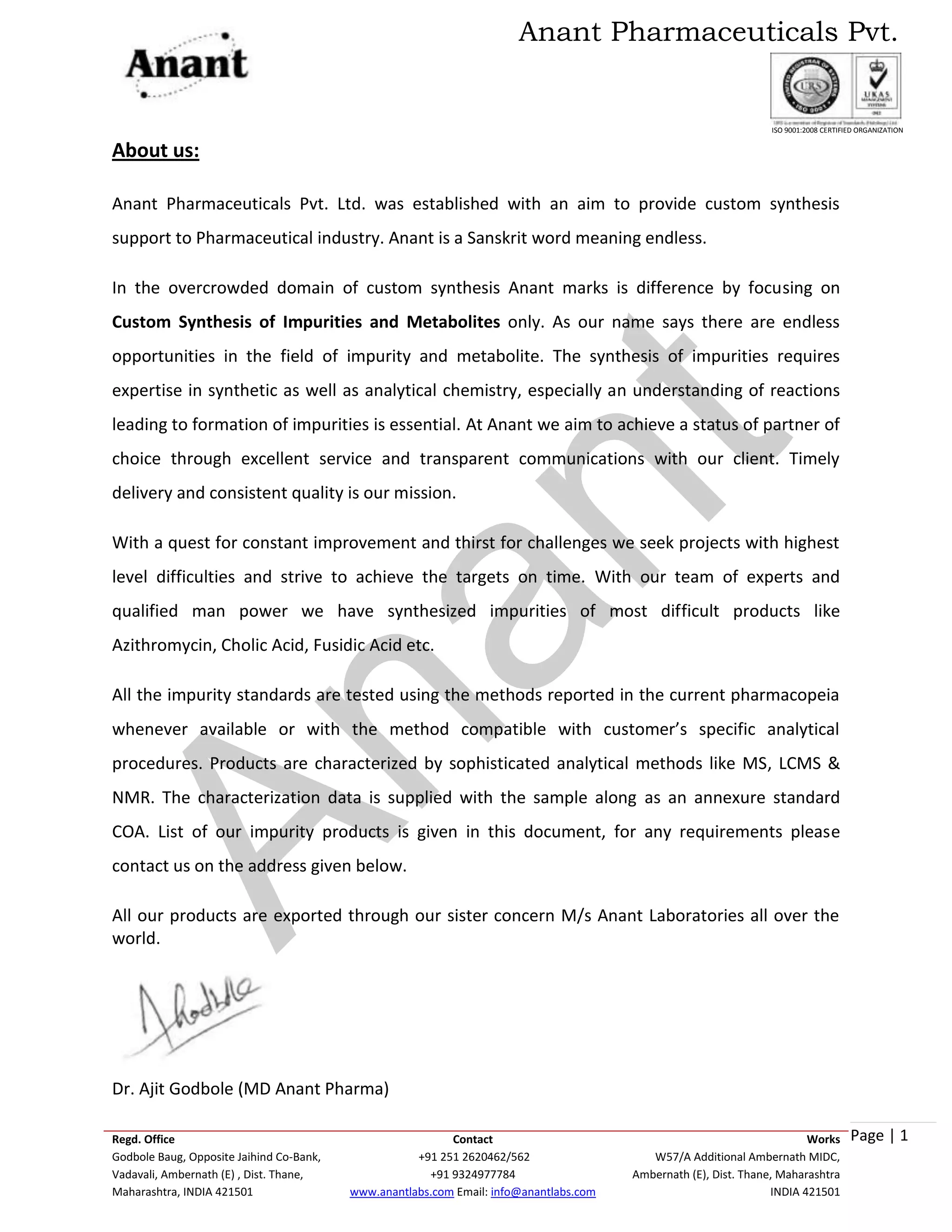 Anant Pharmaceuticals Pvt. Ltd., Ambarnath, Maharashtra | PDF | Pharmaceutical Drugs | Medical ...