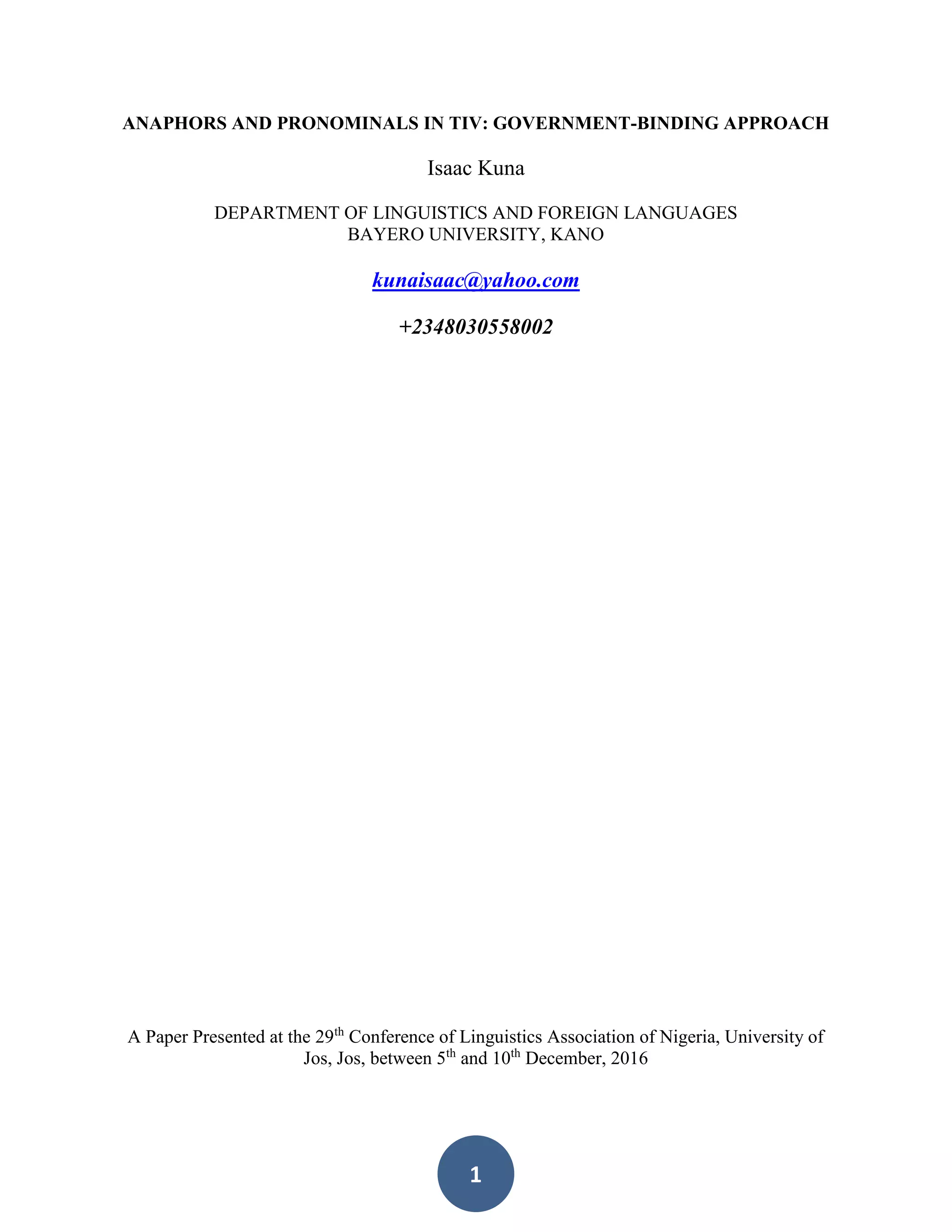 Anaphors and Pronominals in Tiv: Government-Binding Approach | PDF