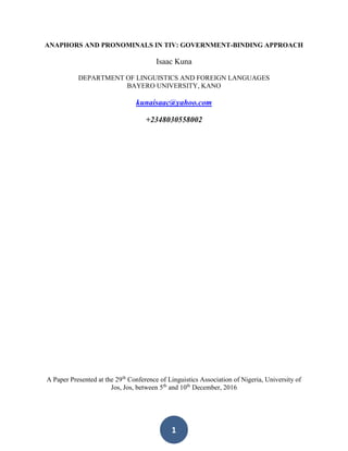 Anaphors and Pronominals in Tiv: Government-Binding Approach | PDF