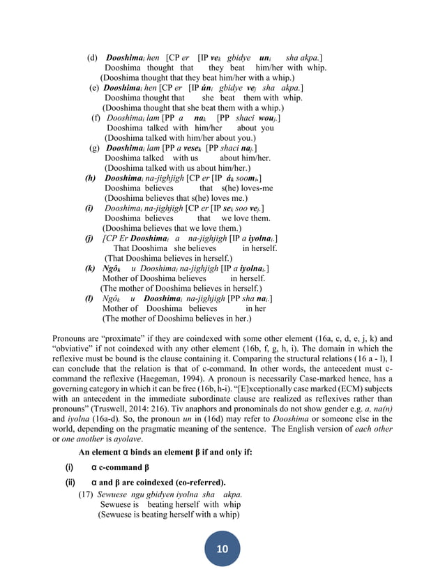 Anaphors and Pronominals in Tiv: Government-Binding Approach | PDF