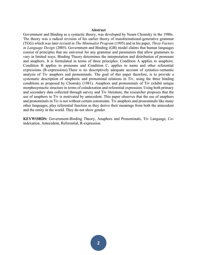 Anaphors and Pronominals in Tiv: Government-Binding Approach | PDF