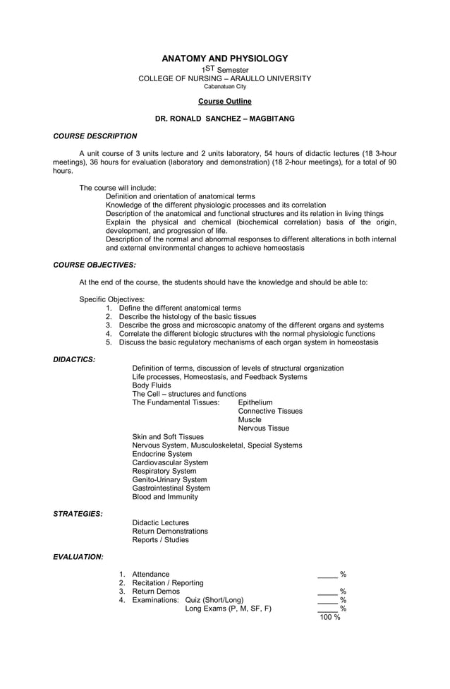 Anatomy-Physiology Course Syllabus | PDF | College Education | Education