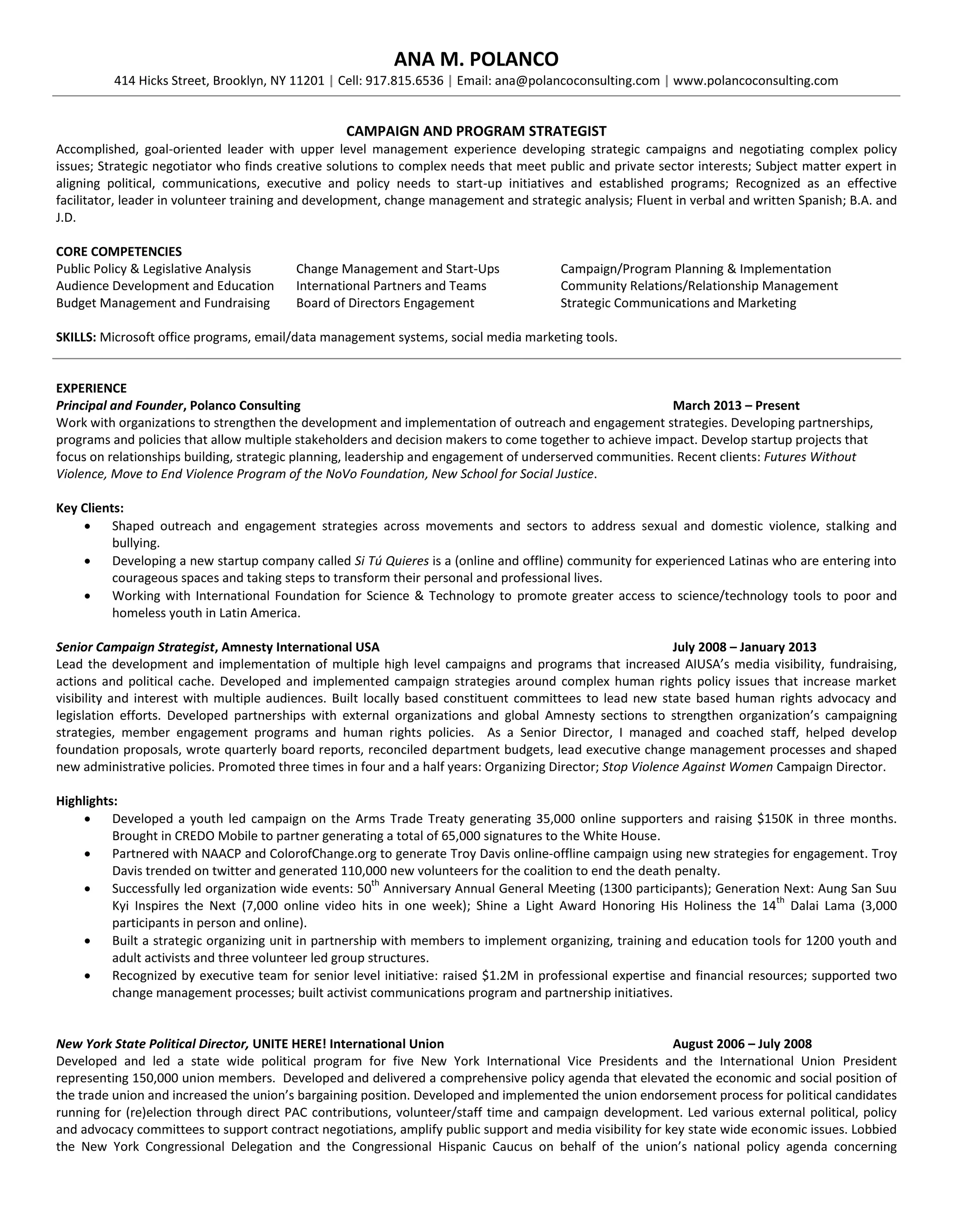 Ana M Polanco Resume | PDF | Civic affairs | Politics