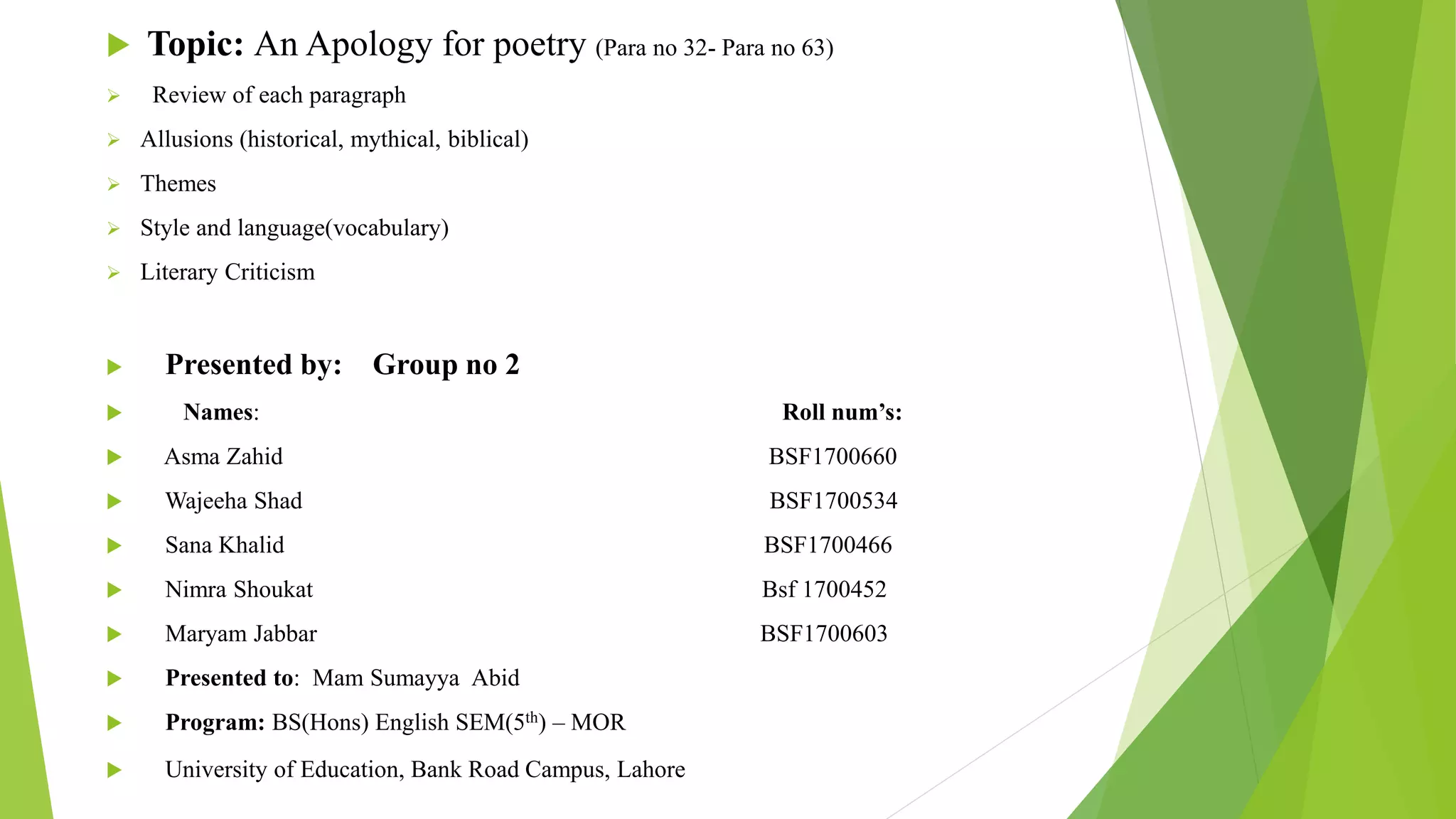 An apology for poetry paragraph 32-63 | PPTX