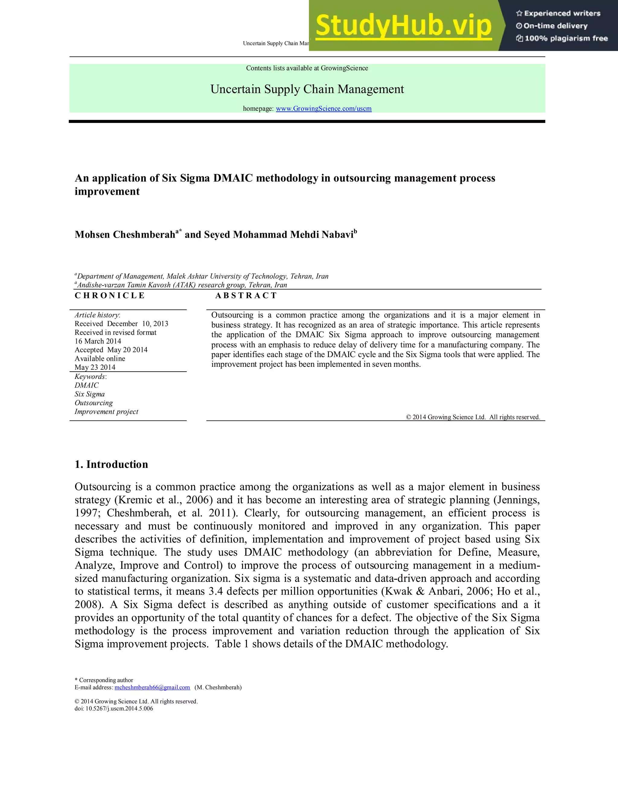 An Application Of Six Sigma DMAIC Methodology In Outsourcing Management ...