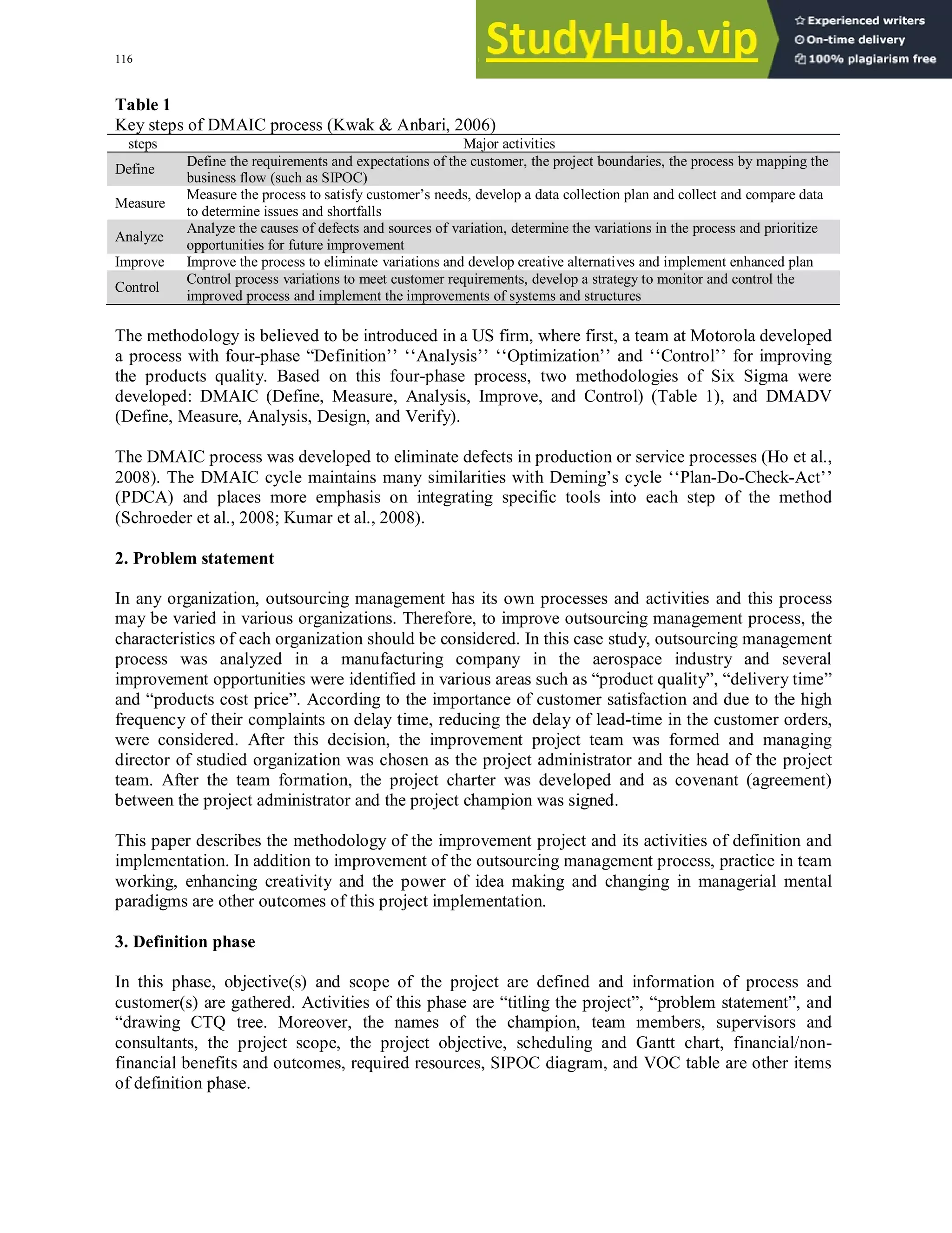An Application Of Six Sigma DMAIC Methodology In Outsourcing Management ...