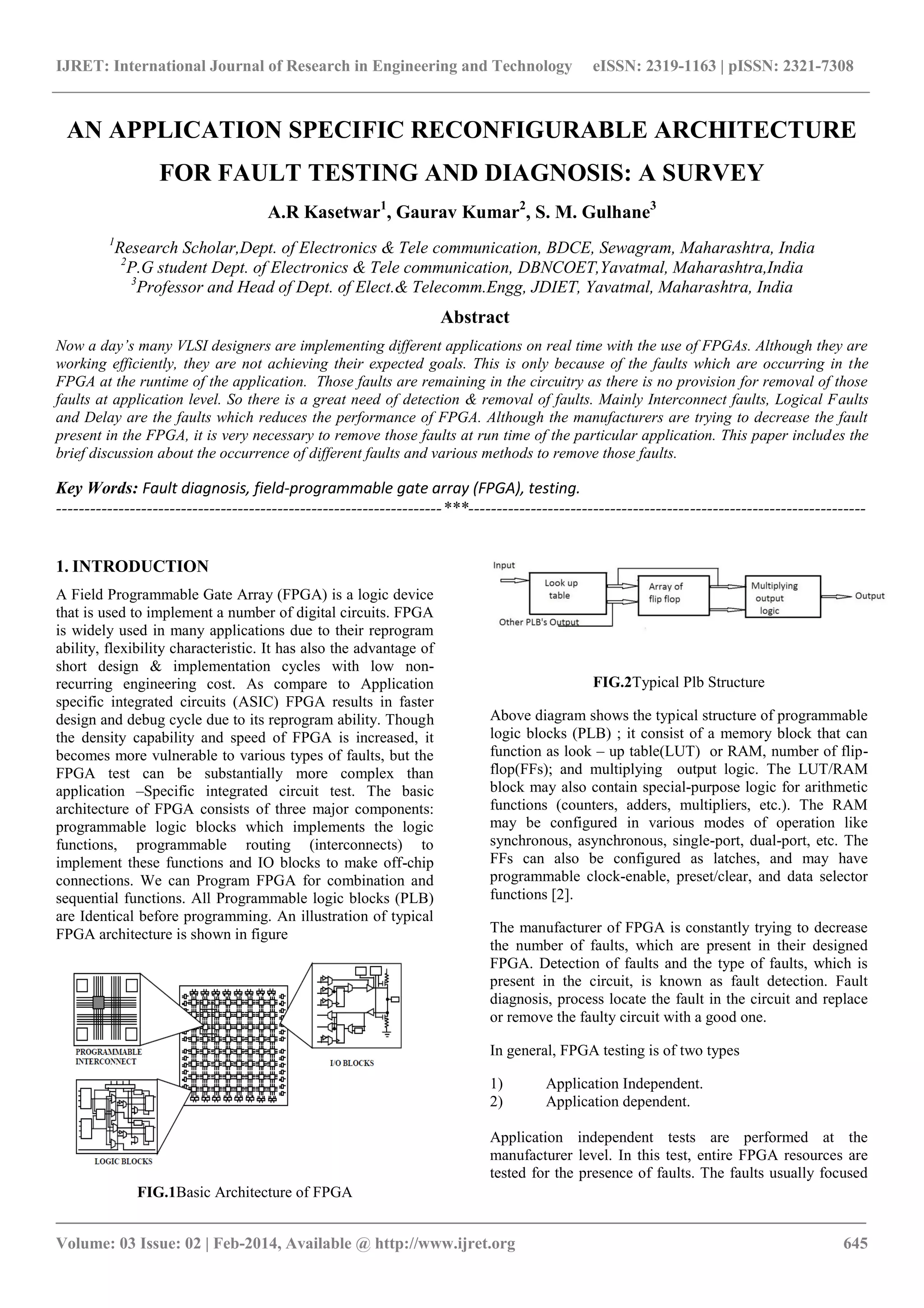 An Application Specific Reconfigurable Architecture For Fault Testing And Diagnosis Pdf