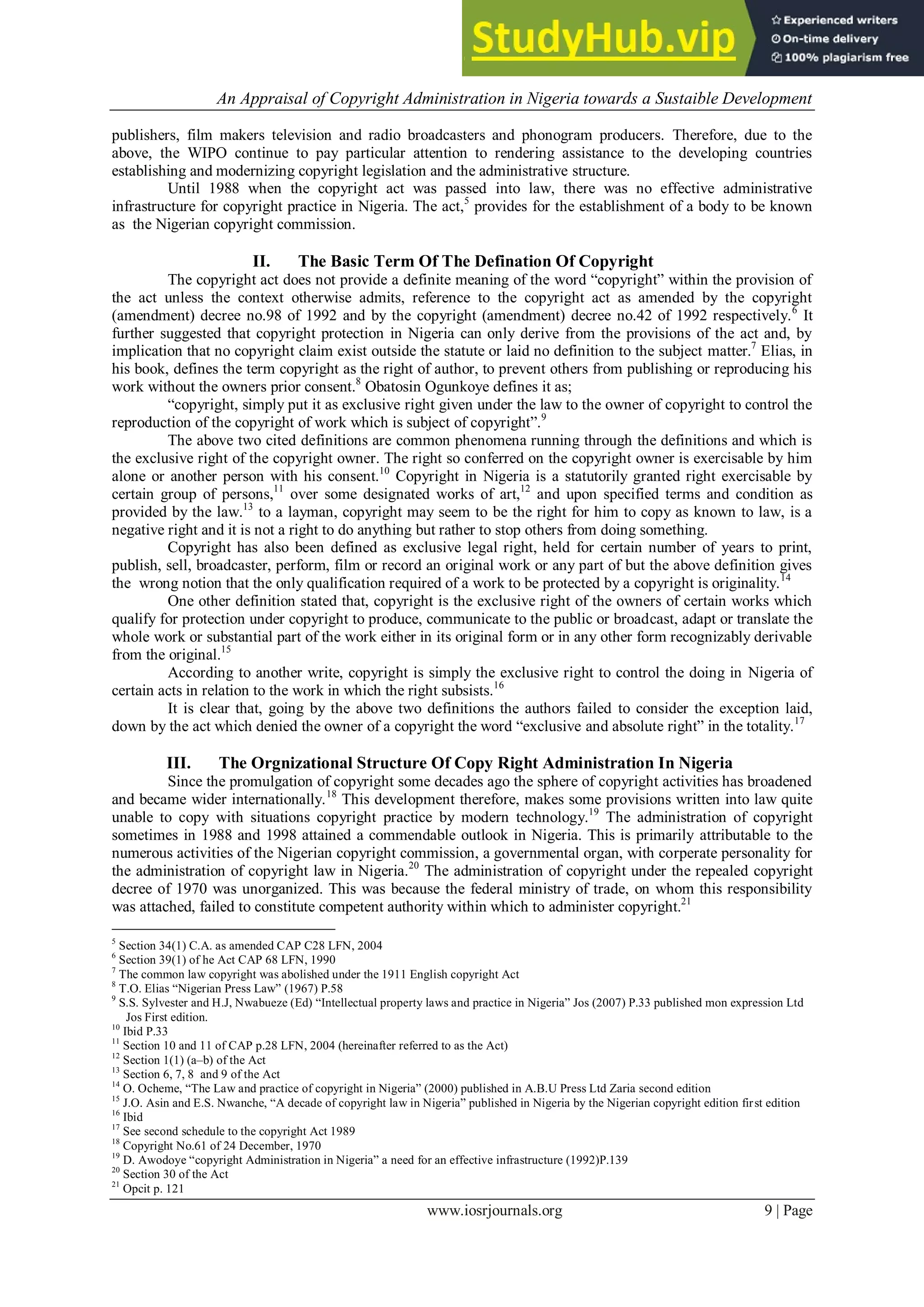 An Appraisal Of Copyright Administration In Nigeria Towards A Sustaible ...