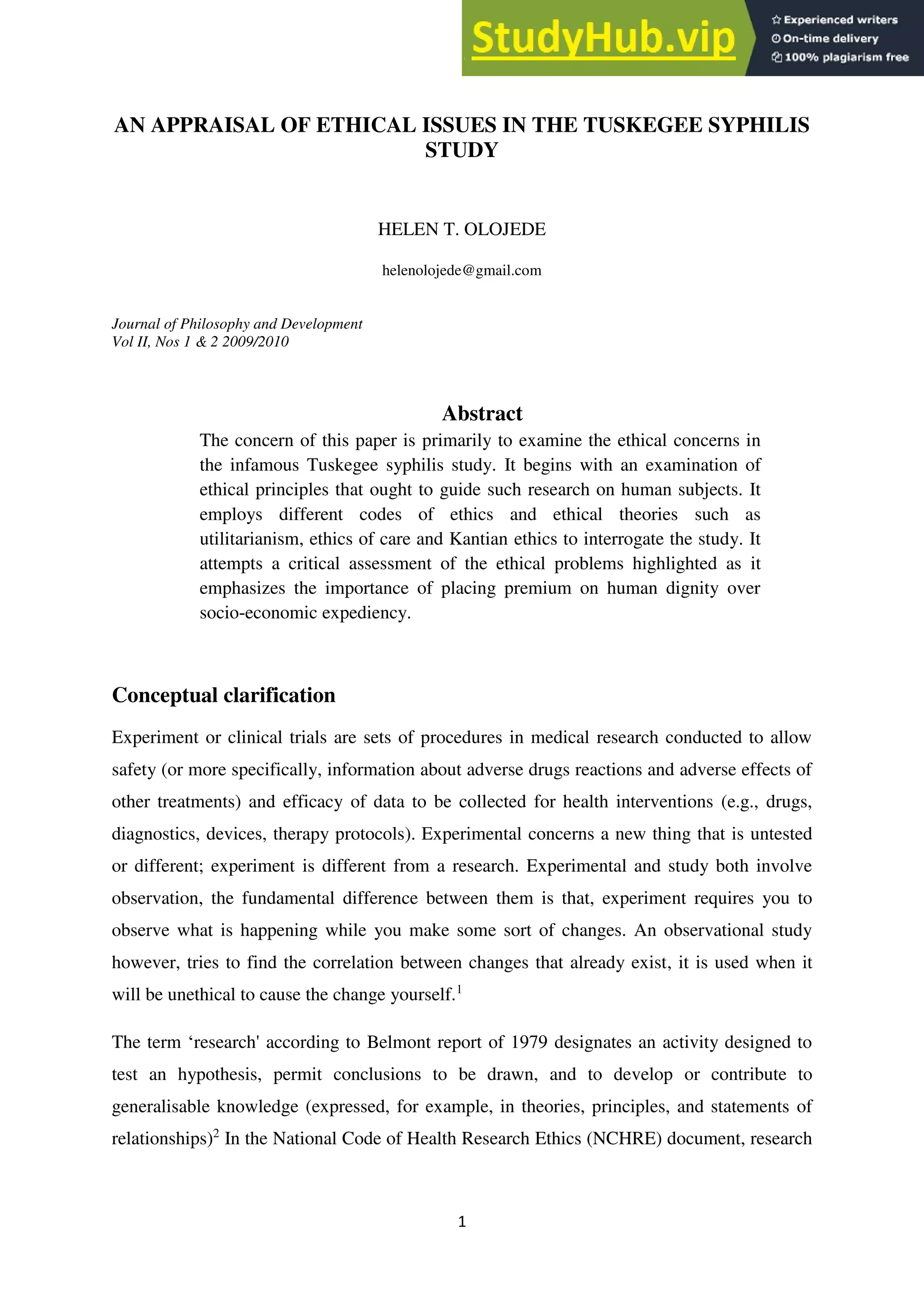 AN APPRAISAL OF ETHICAL ISSUES IN THE TUSKEGEE SYPHILIS STUDY | PDF