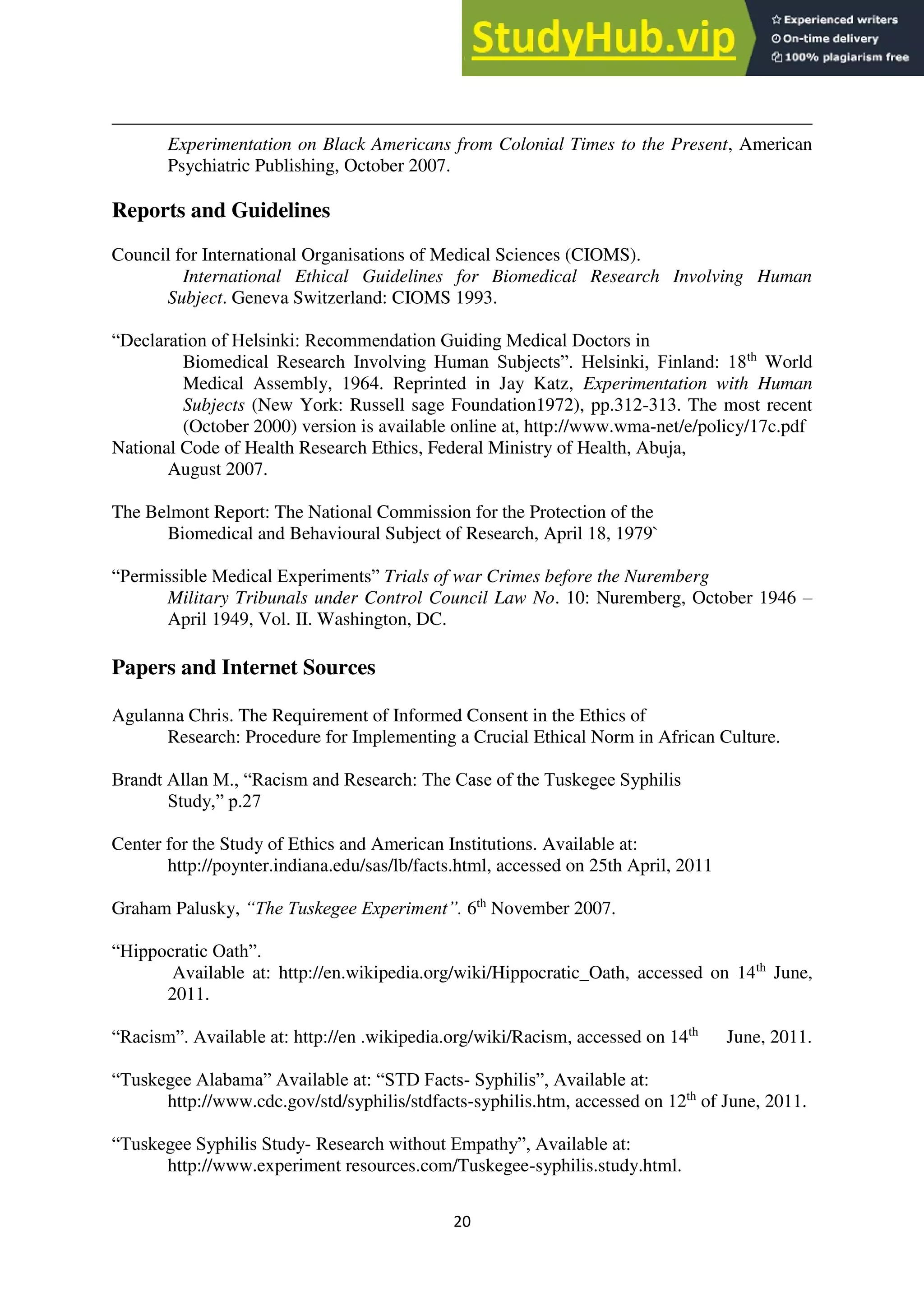 AN APPRAISAL OF ETHICAL ISSUES IN THE TUSKEGEE SYPHILIS STUDY | PDF