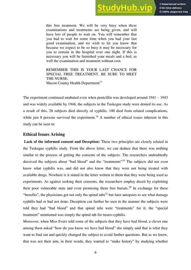 AN APPRAISAL OF ETHICAL ISSUES IN THE TUSKEGEE SYPHILIS STUDY | PDF